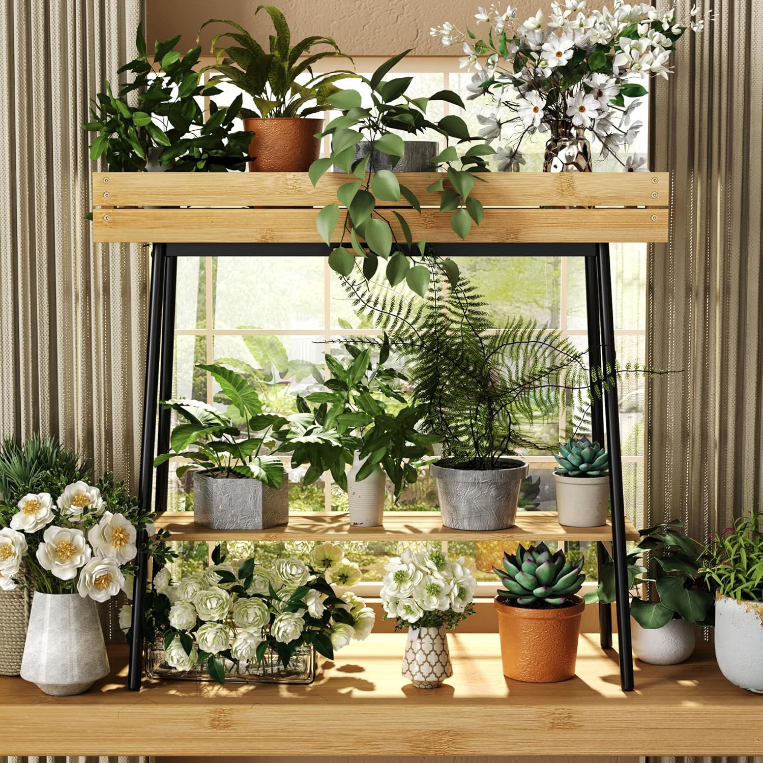 17 Stories Bamboo Plant Stand Indoor, 2 Tier Wood Small Plant Table ...