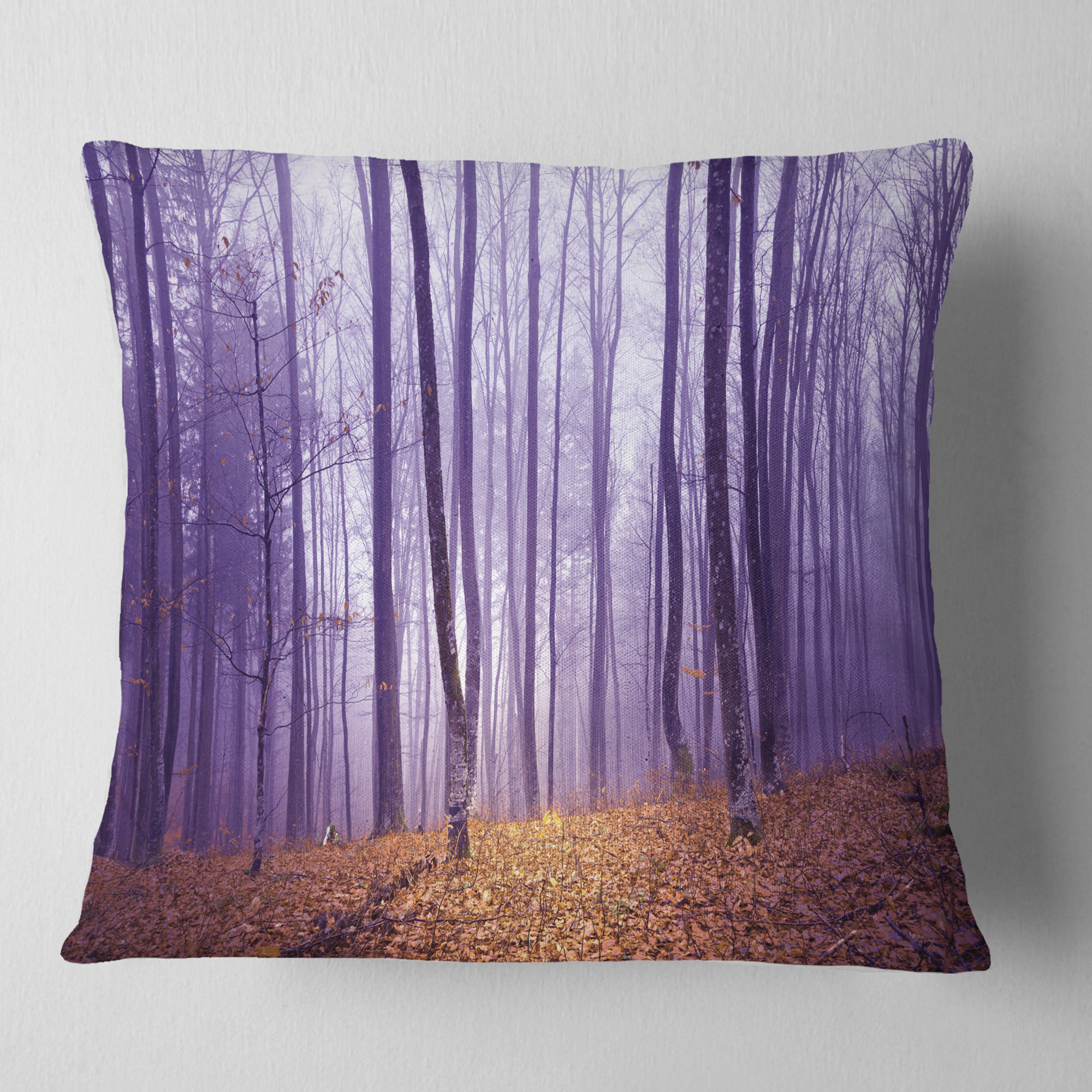 Design Art Magenta Foggy Fairytale Forest - Forest Printed Pillow | Wayfair