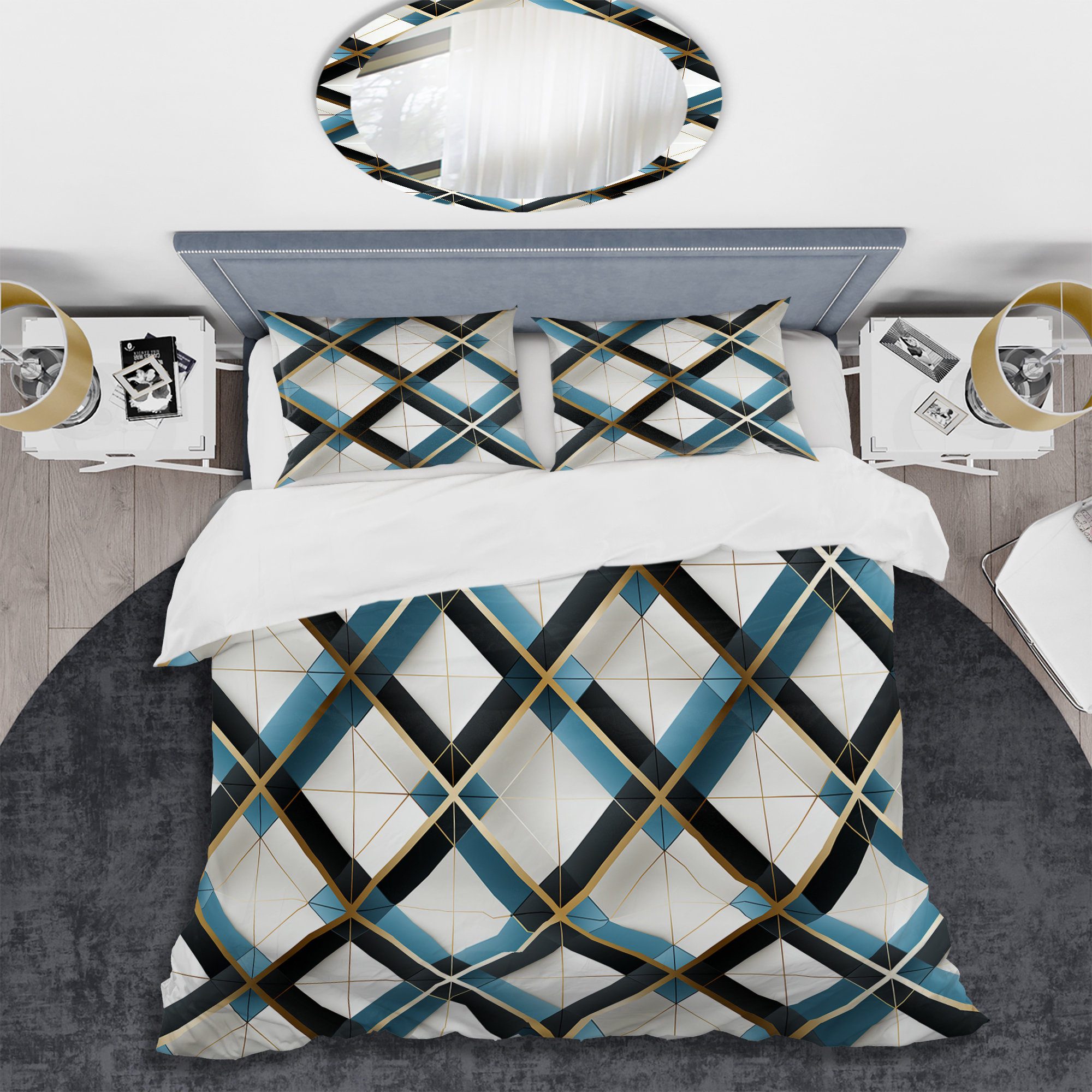Design Art White And Blue Urban Gridlock Channel Bedding | Wayfair
