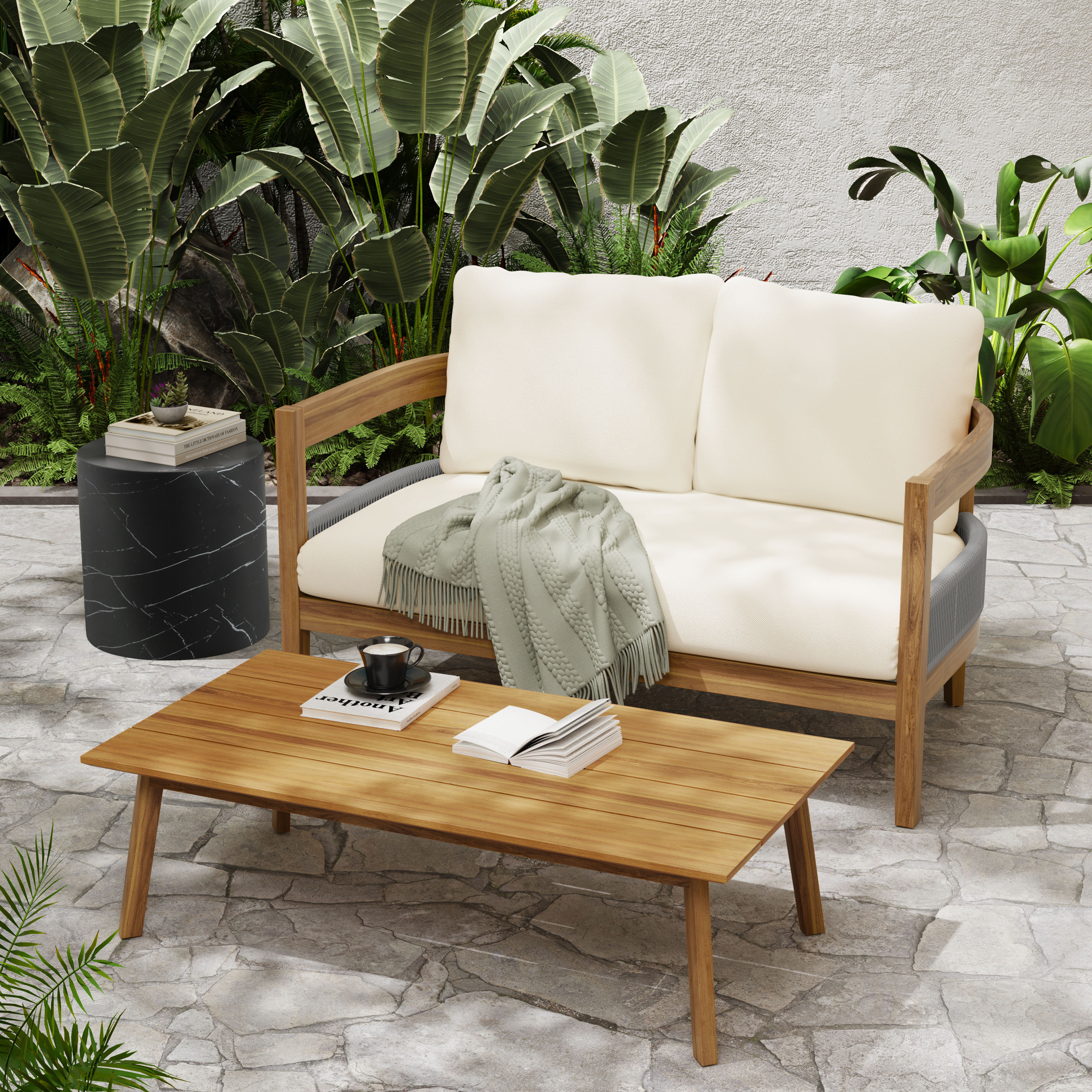 George Oliver Marciniak Outdoor Wood & Rope Loveseat With Table | Wayfair