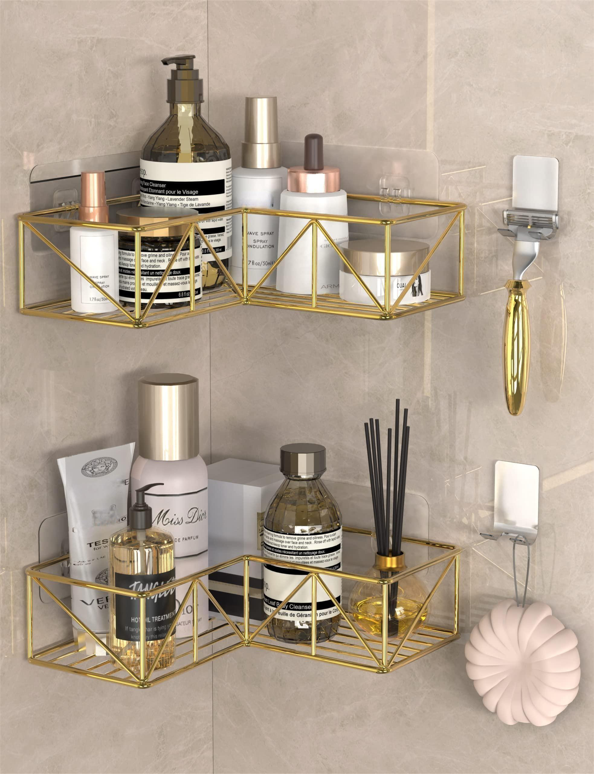 Mercer41 Corner Shower Caddy Gold, Adhesive Shower Shelf Corner Shower Organizer With Hooks, 2 ...