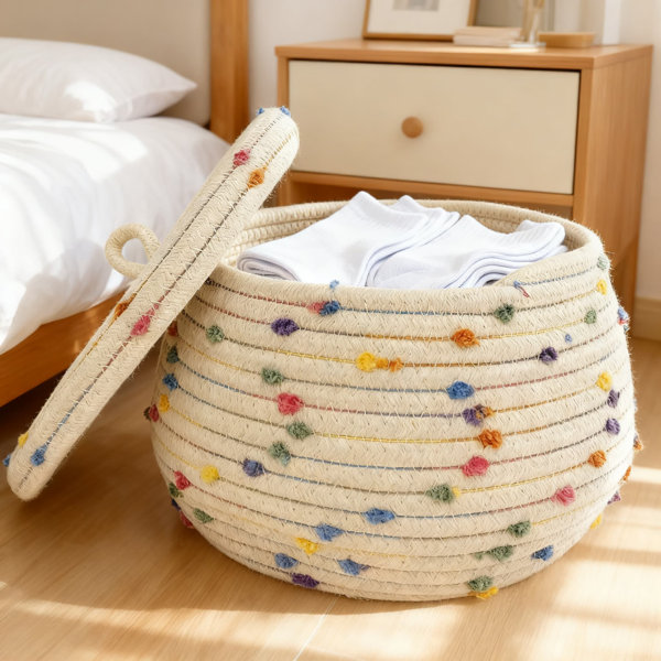 Rebrilliant Handmade Cotton Rope Storage Basket With Lid, Round Woven ...