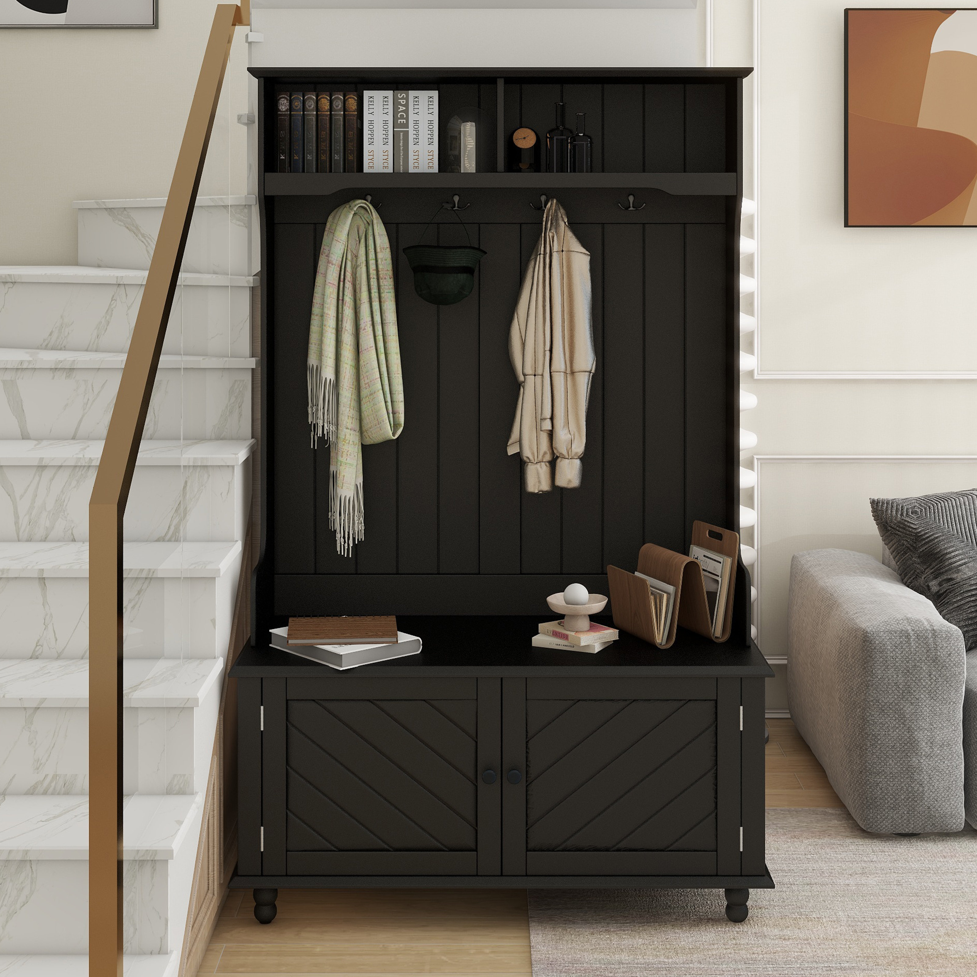 Canora Grey Seino Hall Tree 40.1'' Wide with Bench and Shoe Storage ...