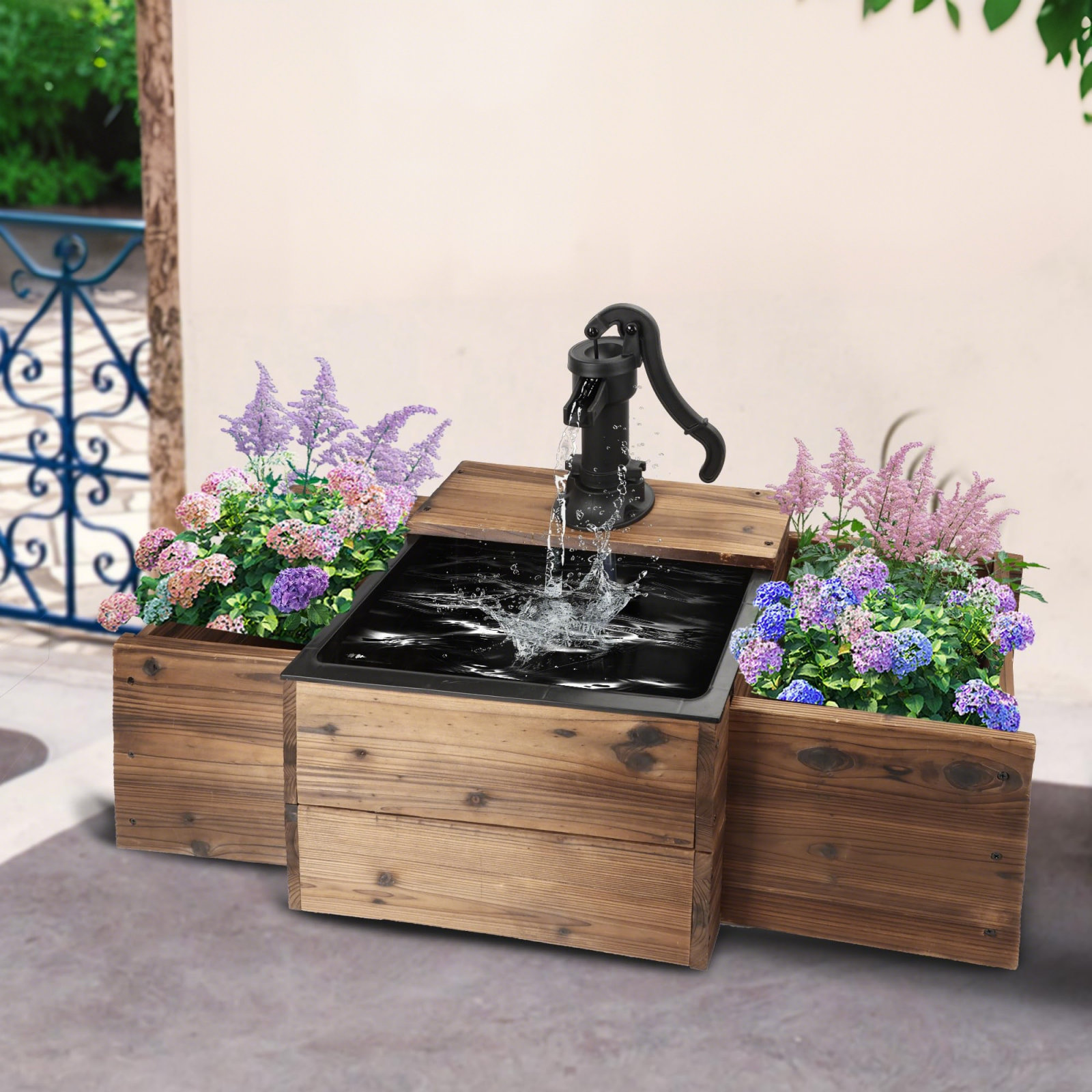 Millwood Pines Wooden Rectangular Outdoor Fountain With Flower Box ...