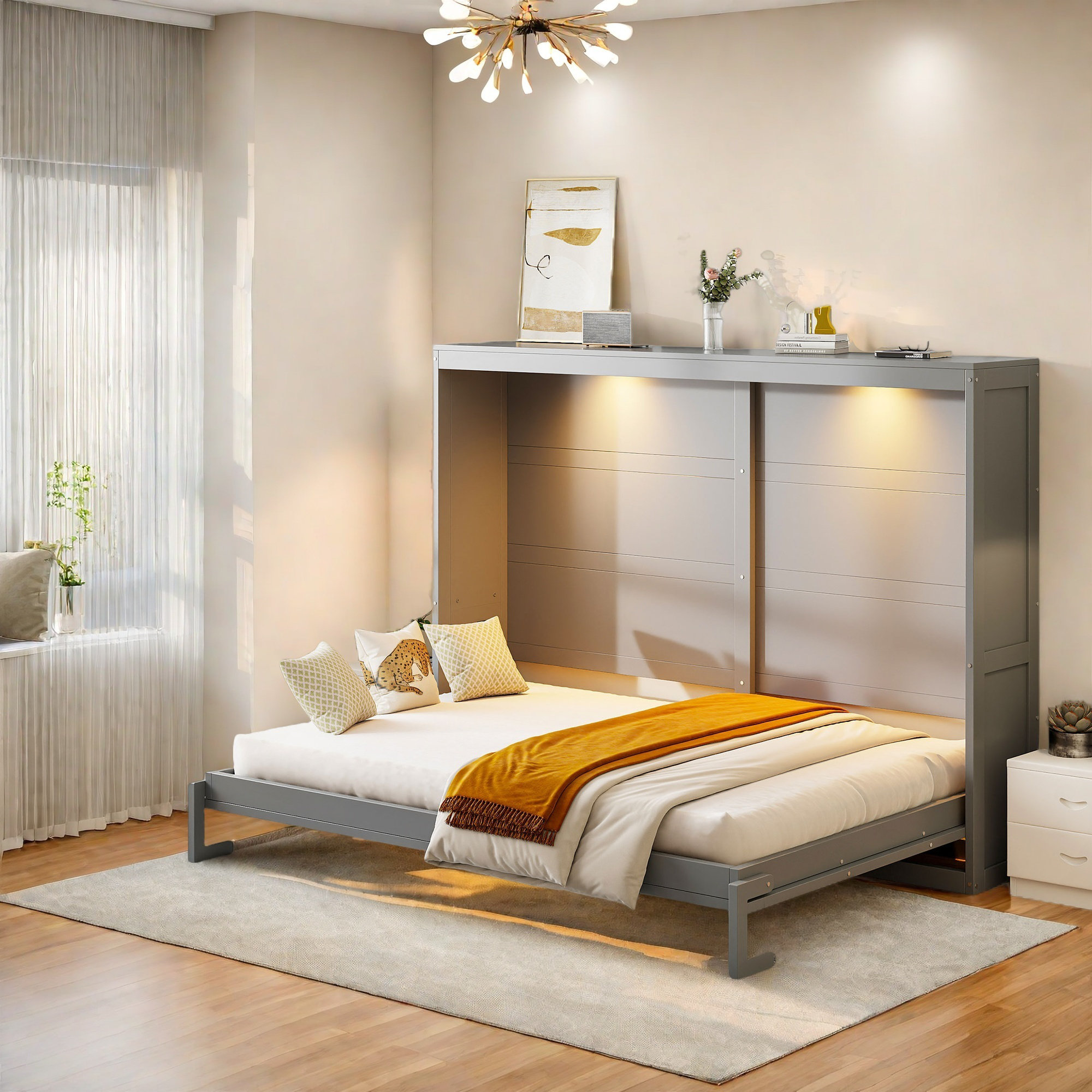 Red Barrel Studio® Queen Size Murphy Bed Wall Bed Modern Design With LED Lights | Wayfair