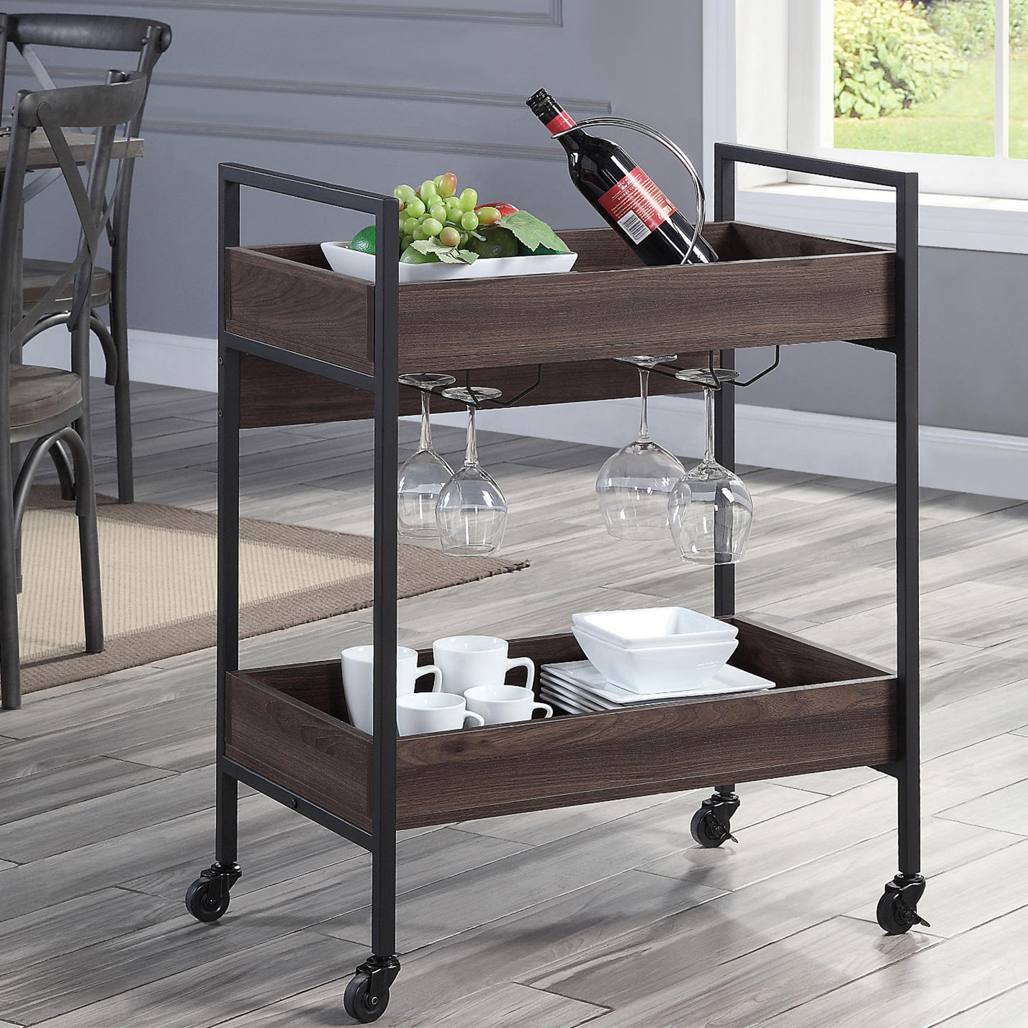Latitude Run® Rectangular Serving Cart with 2 Tier Shelf, Walnut and ...