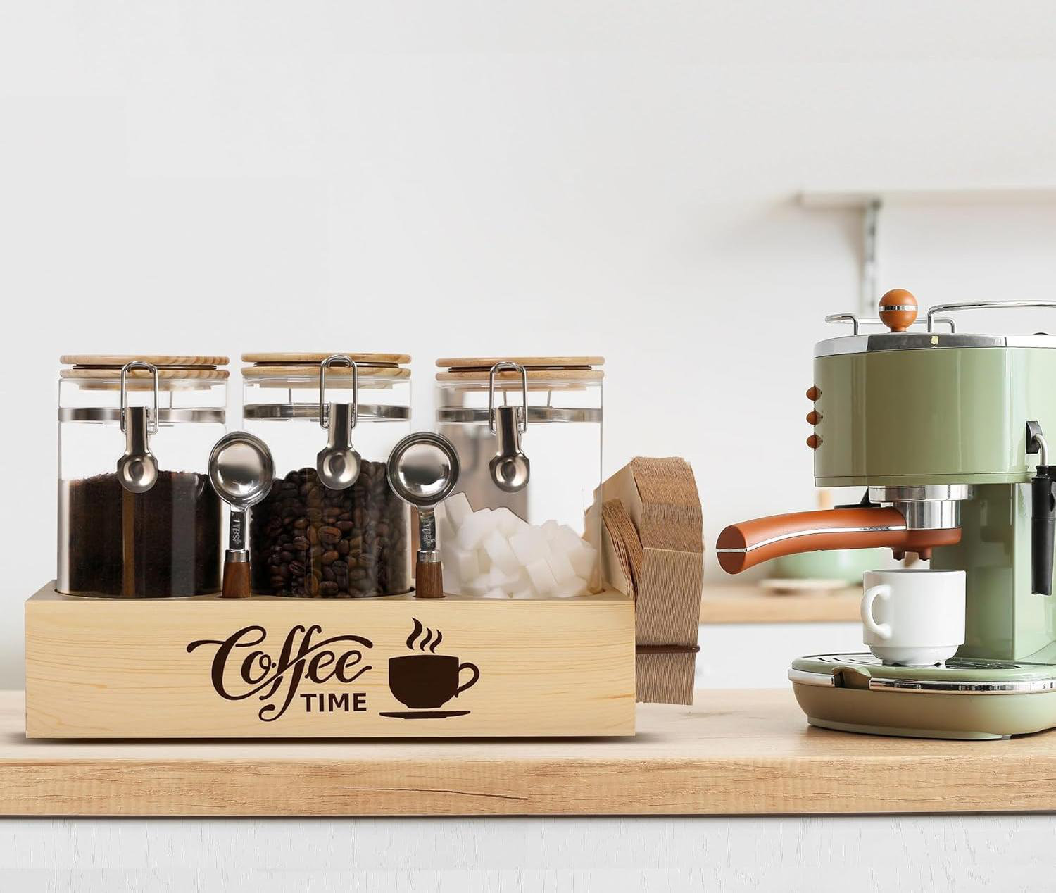 CHUANGWENYI Glass Coffee Canister Set With Shelf & Spoons 3 Piece ...