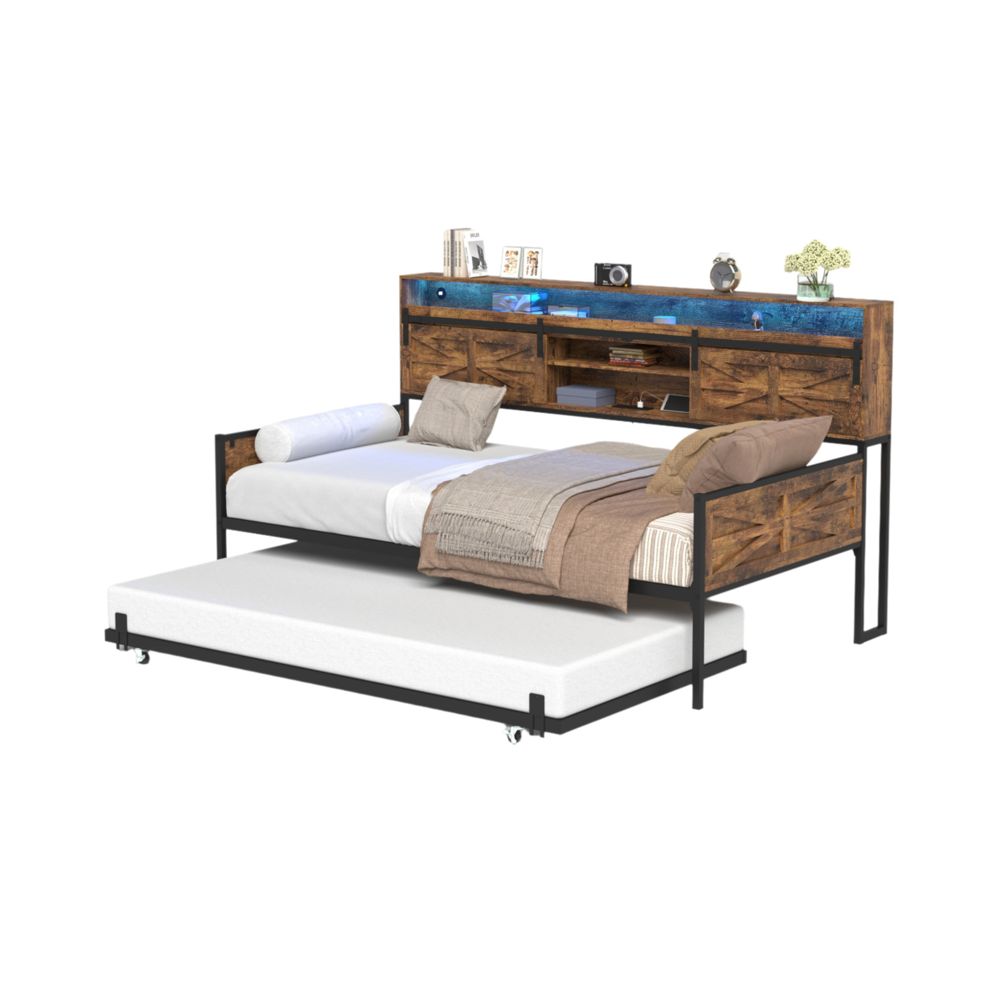 Ivy Bronx Double Daybed With Sliding Barn Door Headboard, Charging ...