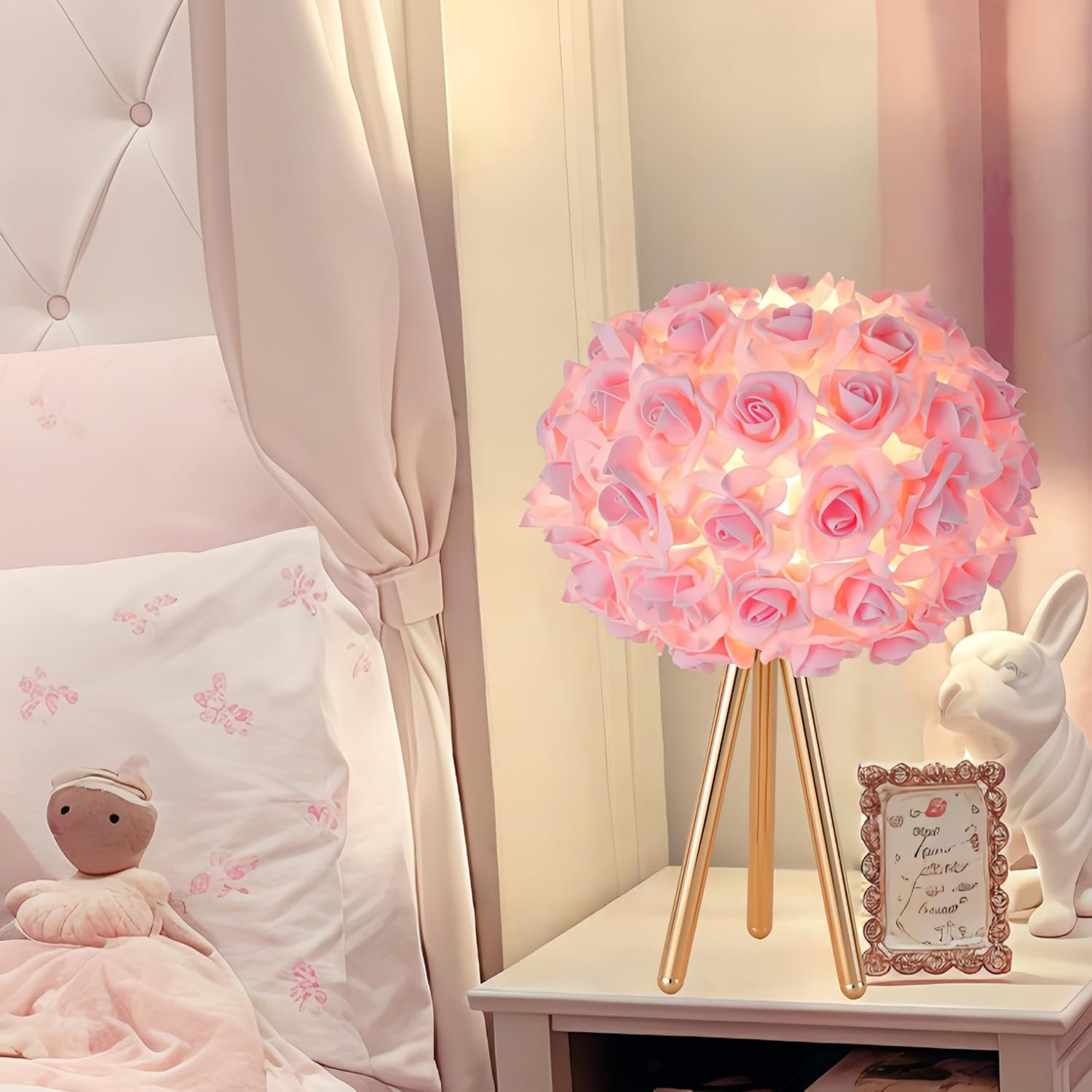 Everly Quinn Pink Rose Flower Lamp With Gold Tripod - Elegant Table ...
