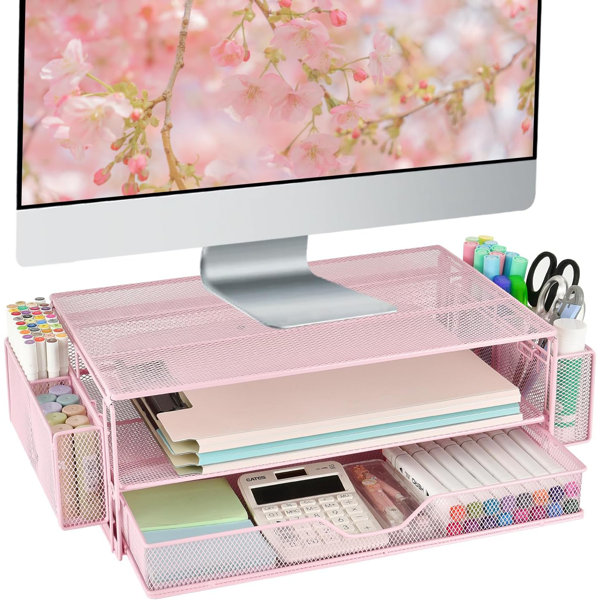 FashionSecretsLLC Pink Computer Monitor Stand Riser with Drawers and ...