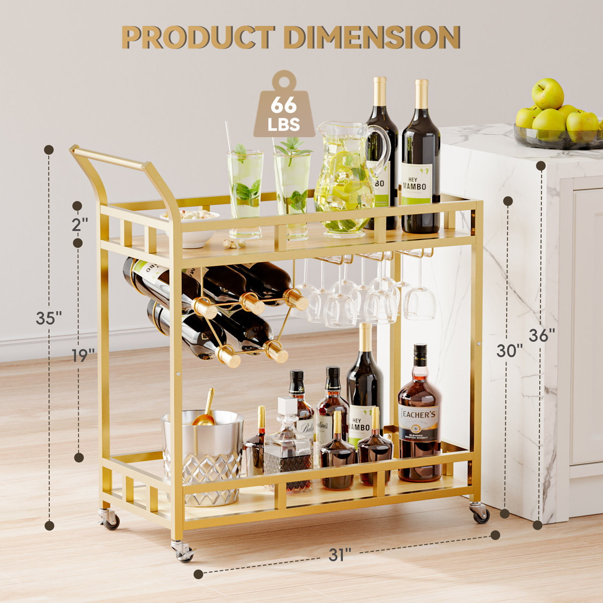 Mercer41 Double Removable Bar Cart with Wine Rack, Secure, Gold | Wayfair