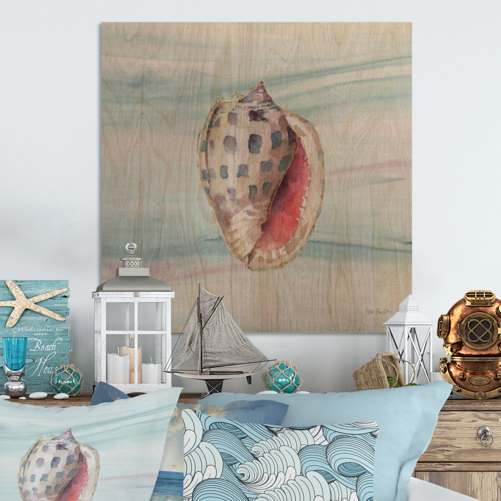 Dovecove Gilded Sea Horn Shell on Blue - Animals Wood Wall Art Print ...