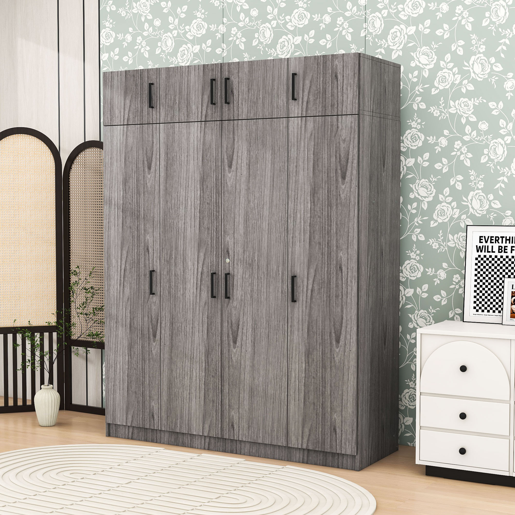 Loon Peak® Keasiah Wood Freestanding Wardrobe with Overhead Cabinets ...