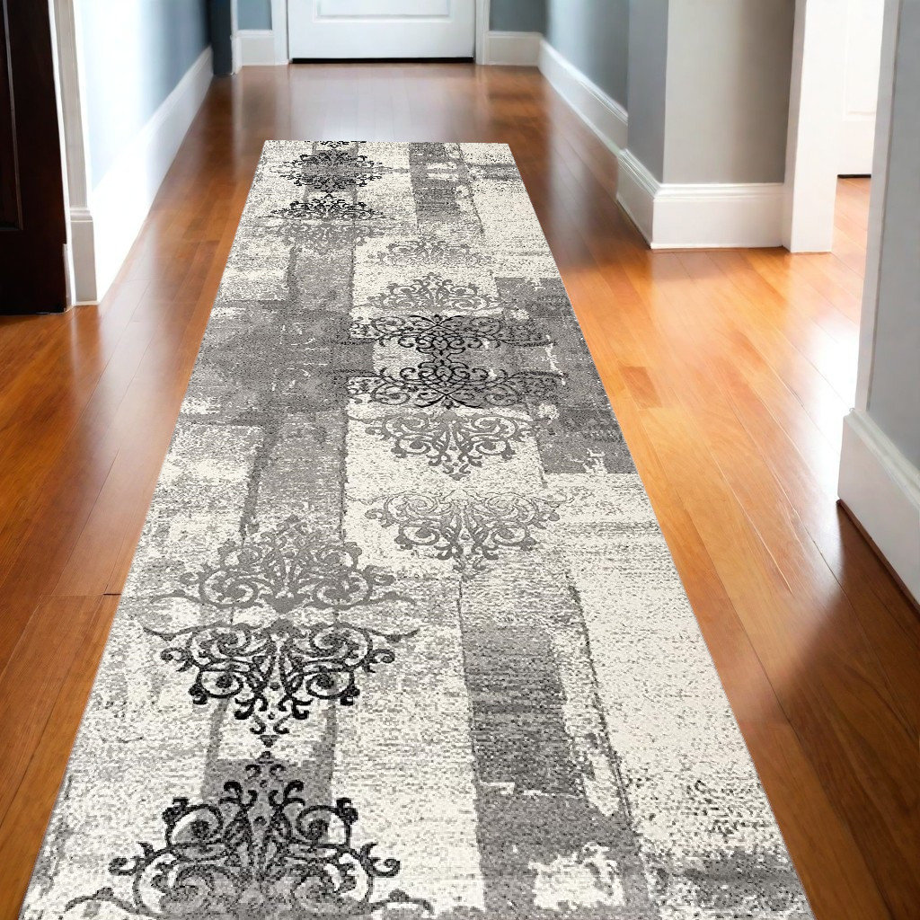 HomeRoots 13' Gray and Ivory Damask Power Loom Distressed Runner Rug ...