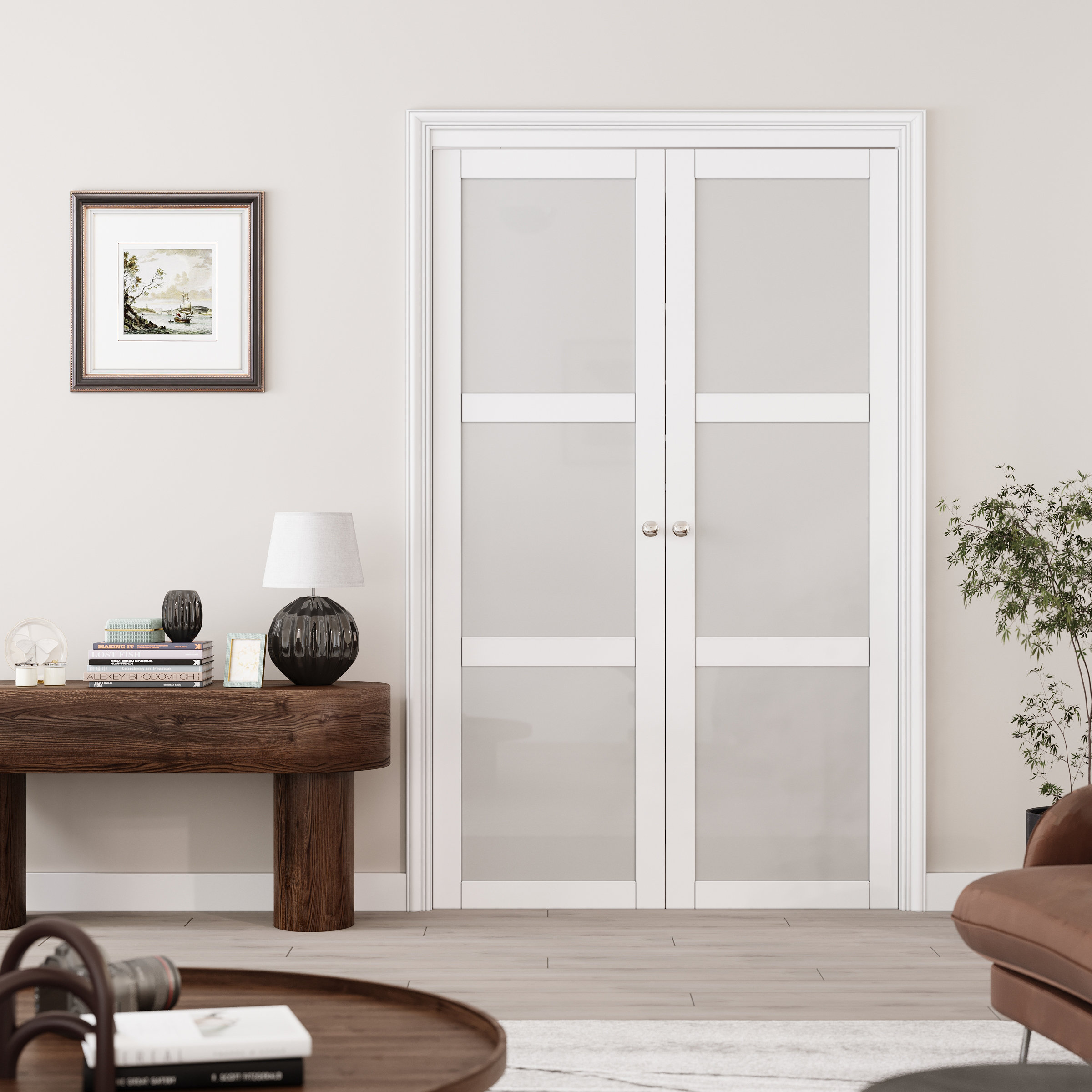 Win Stellar 3-Lites Tempered Frosted Glass Pivot—French Door with ...