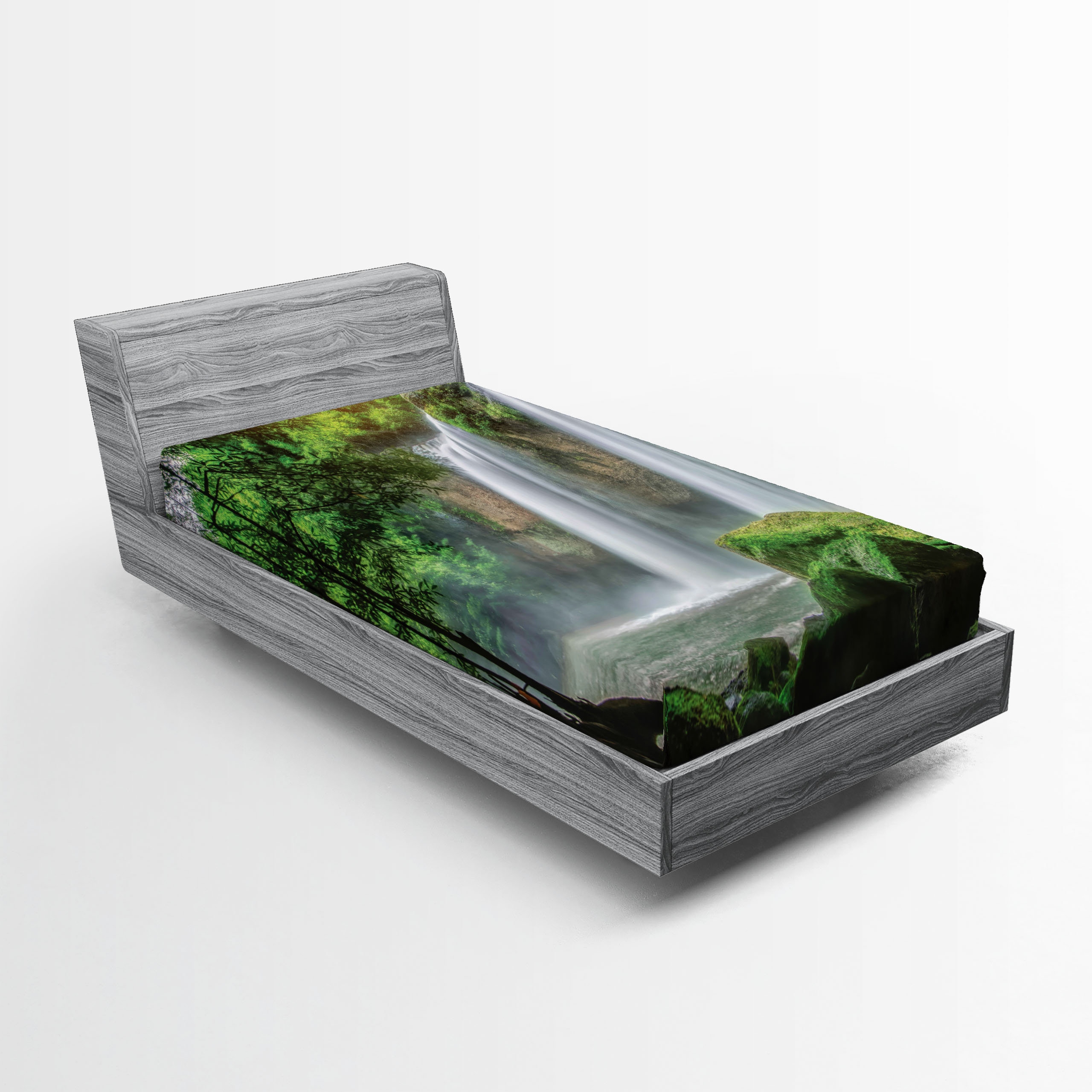 Ambesonne Green Fitted Sheet 2-Pack Waterfall Nature Exotic White Green ...