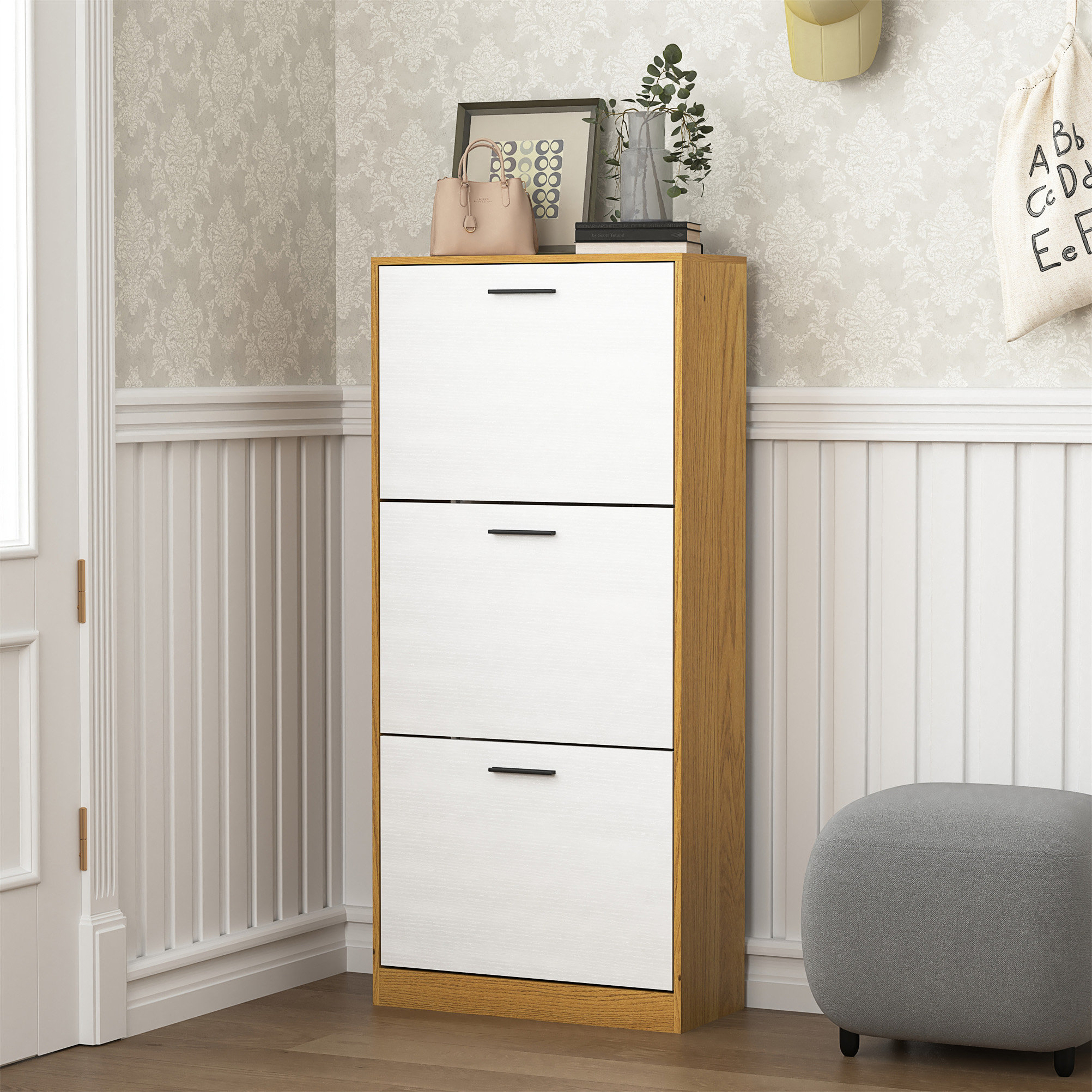 Ebern Designs Shoe Storage Cabinet With 3 White Panel Flip Drawers ...