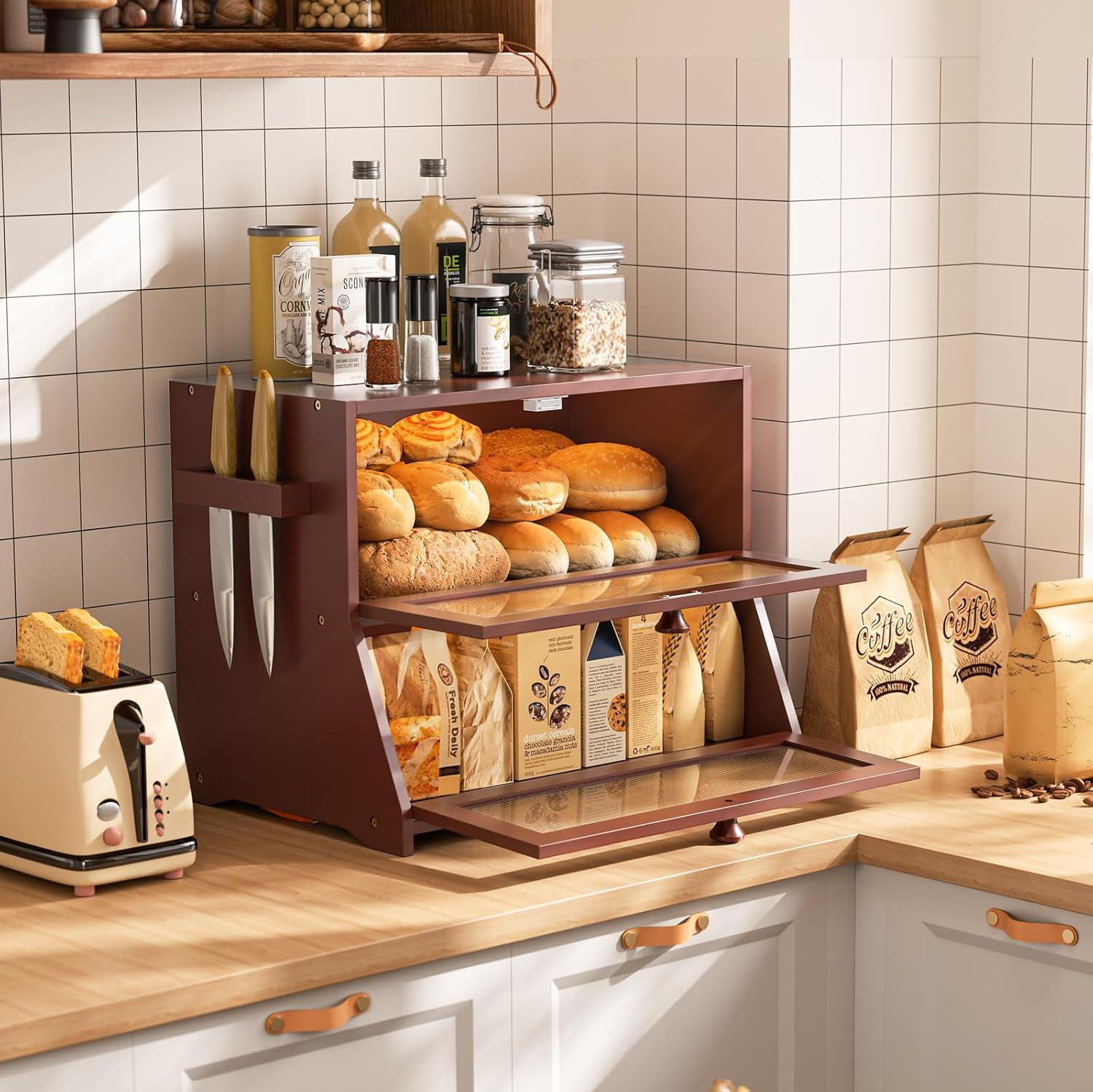 One Allium Way® Brown Bread Box For Kitchen Countertop With Knife ...