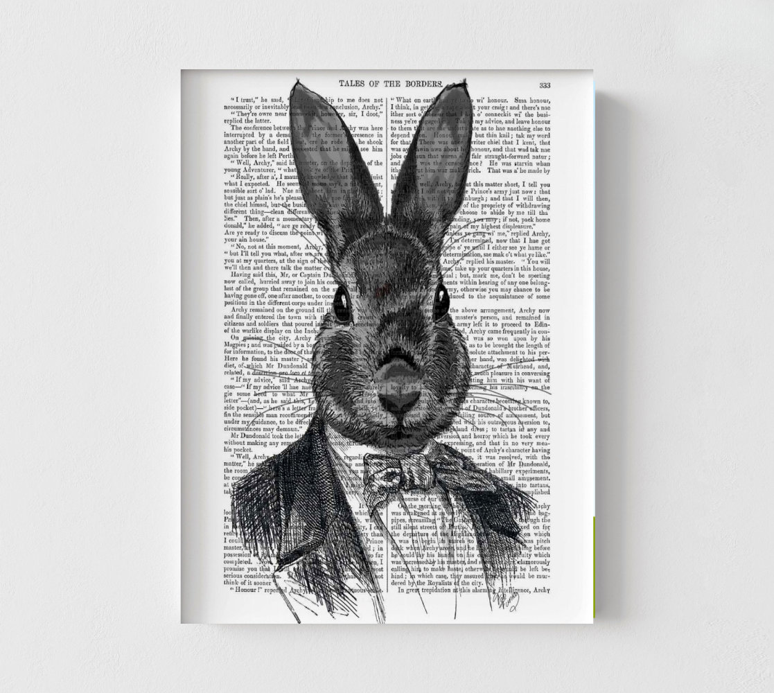 WeFrameArt Rabbit In Suit Portrait, Bunny Sketch Print, Book Page ...