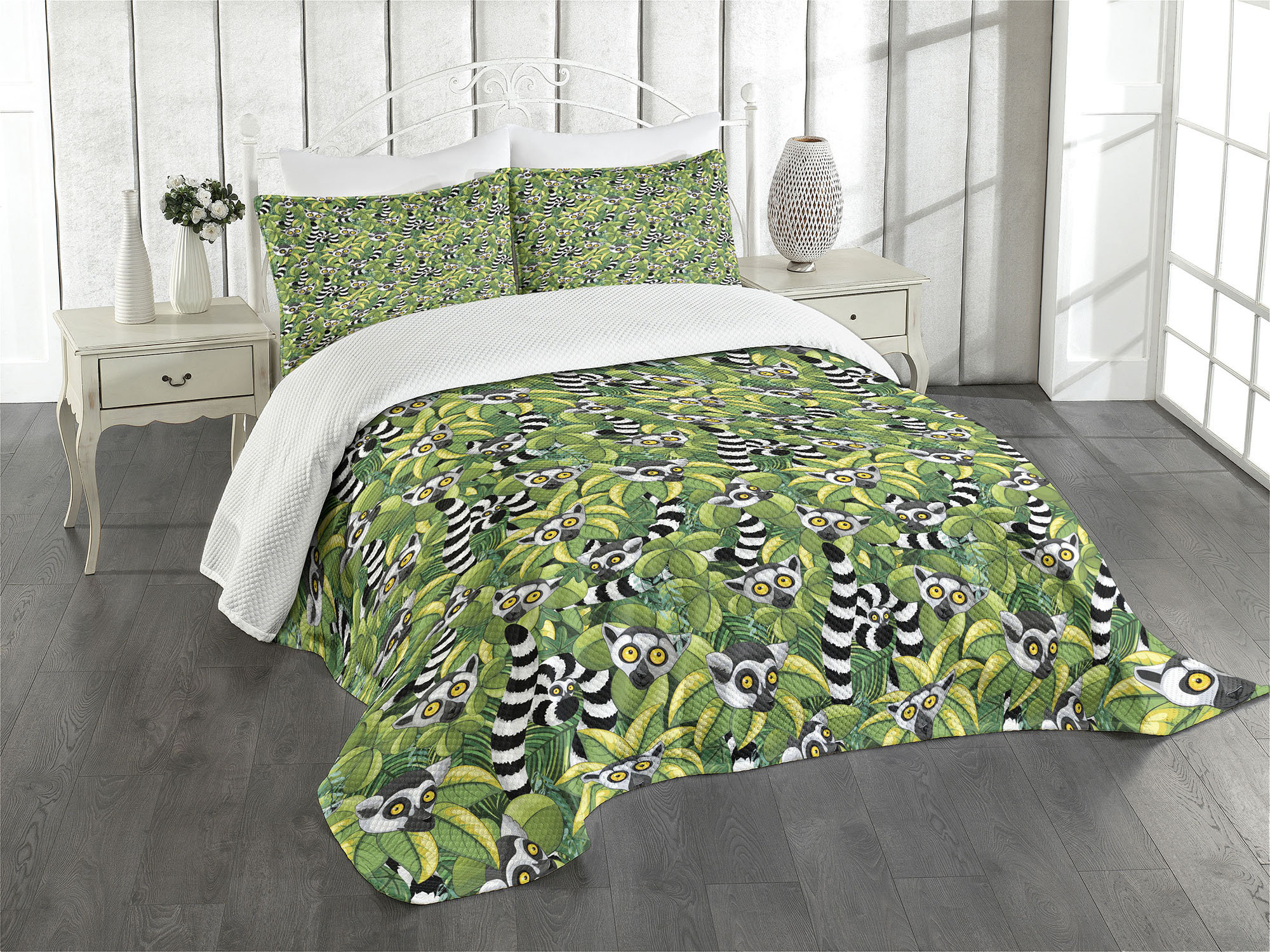 Ambesonne Lemur Bedspread Set Exotic Jungle Monkey Graphic Fern Green ...