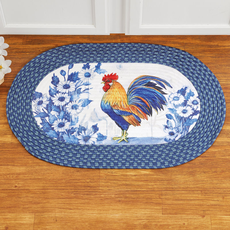 August Grove® French Country Blue Rooster Braided Accent Rug | Wayfair