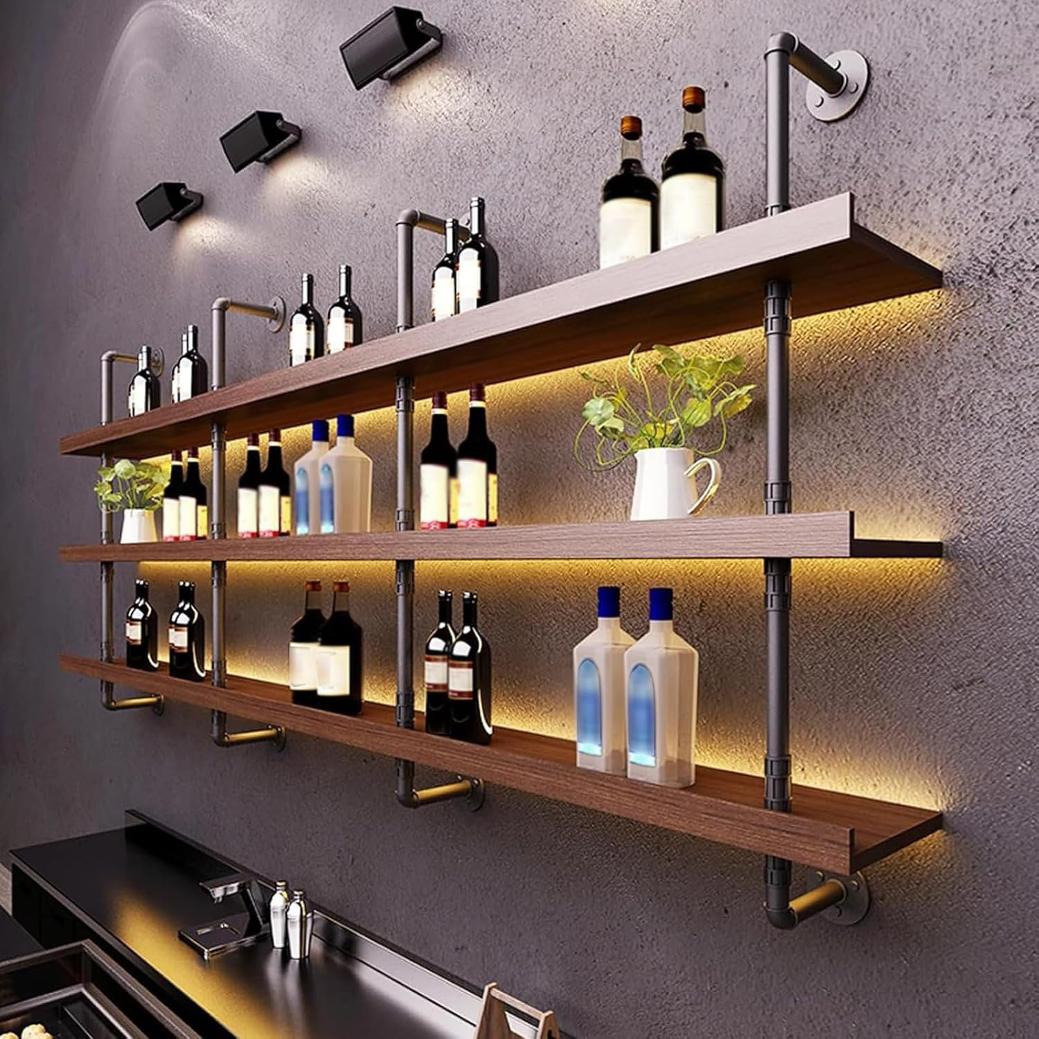 Williston Forge Large Solid Wood Wall-Mounted Wine Rack With LED Lights ...