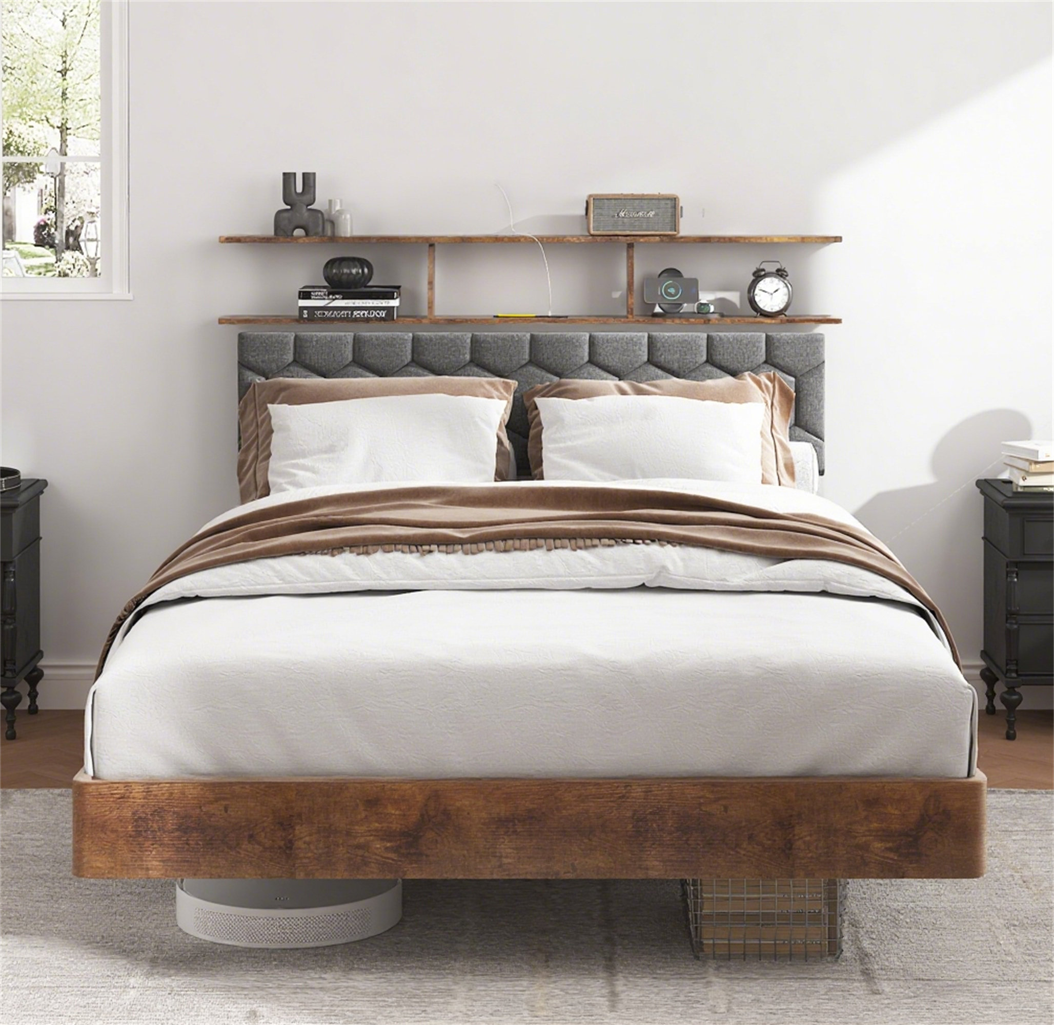 17 Stories Large Storage Bed Frame, Wooden Platform Bed Frame, Bedside ...