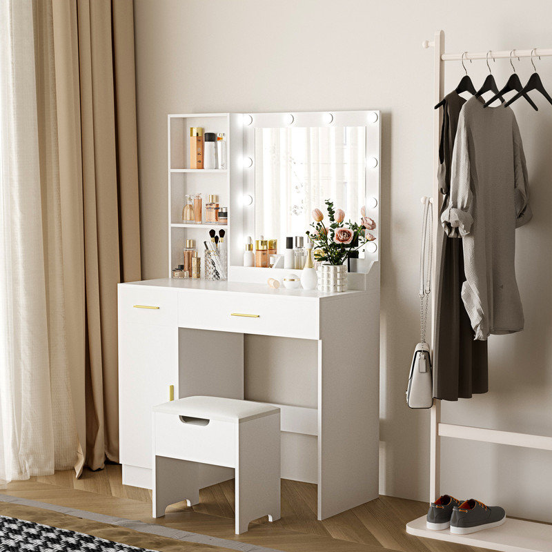Mercer41 3-Drawers Makeup Vanity, Big Mirror with Lamp Bulb Built-in ...