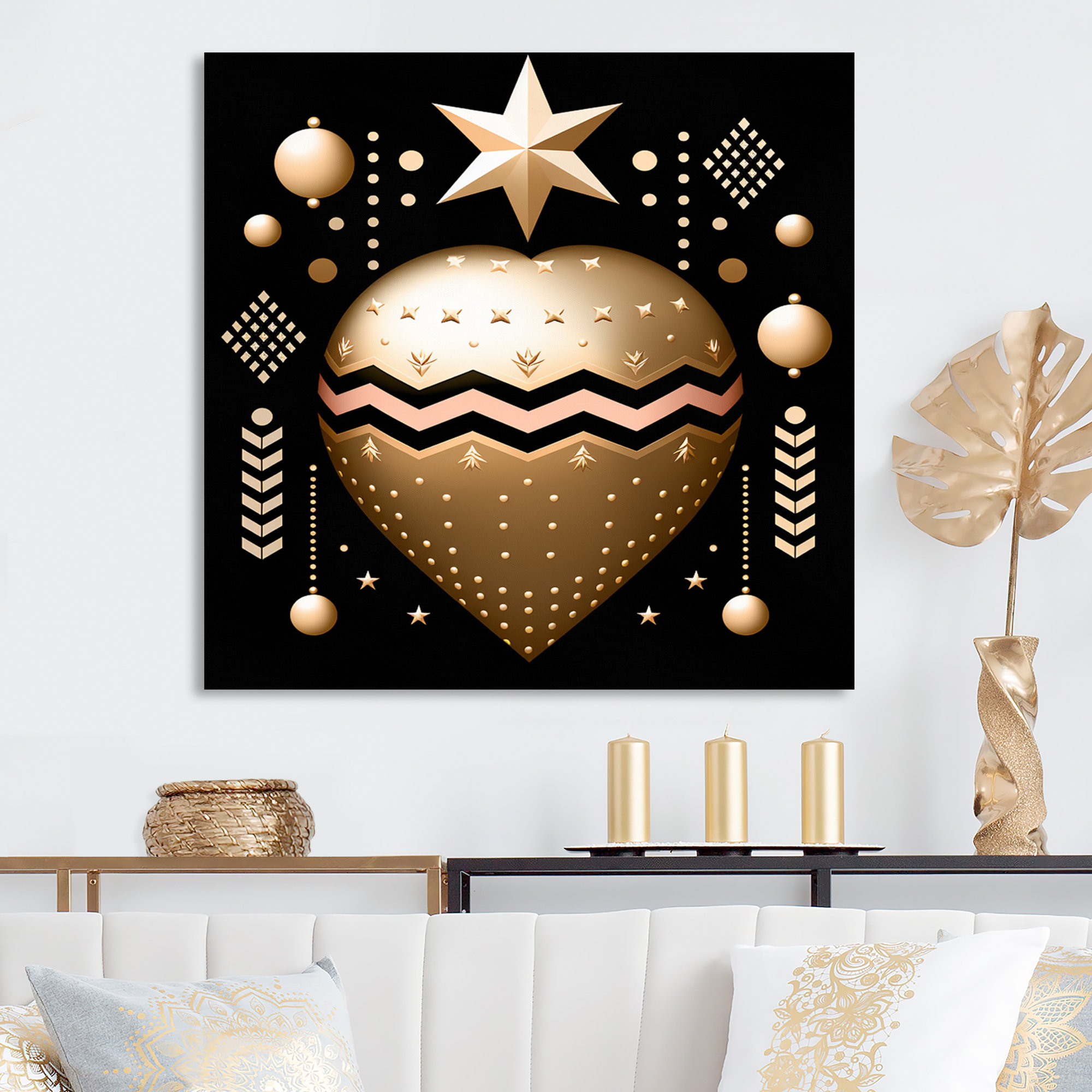 Mercer41 Golden Geometric Glam Heart - Modern Geometric Canvas Wall Art ...