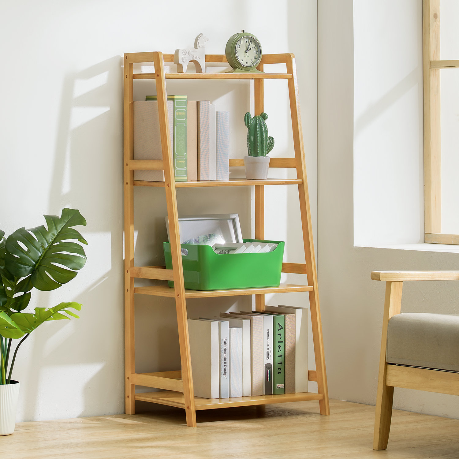 Ebern Designs Barrelville Bamboo Ladder Bookcase Bookshelf Open Book ...