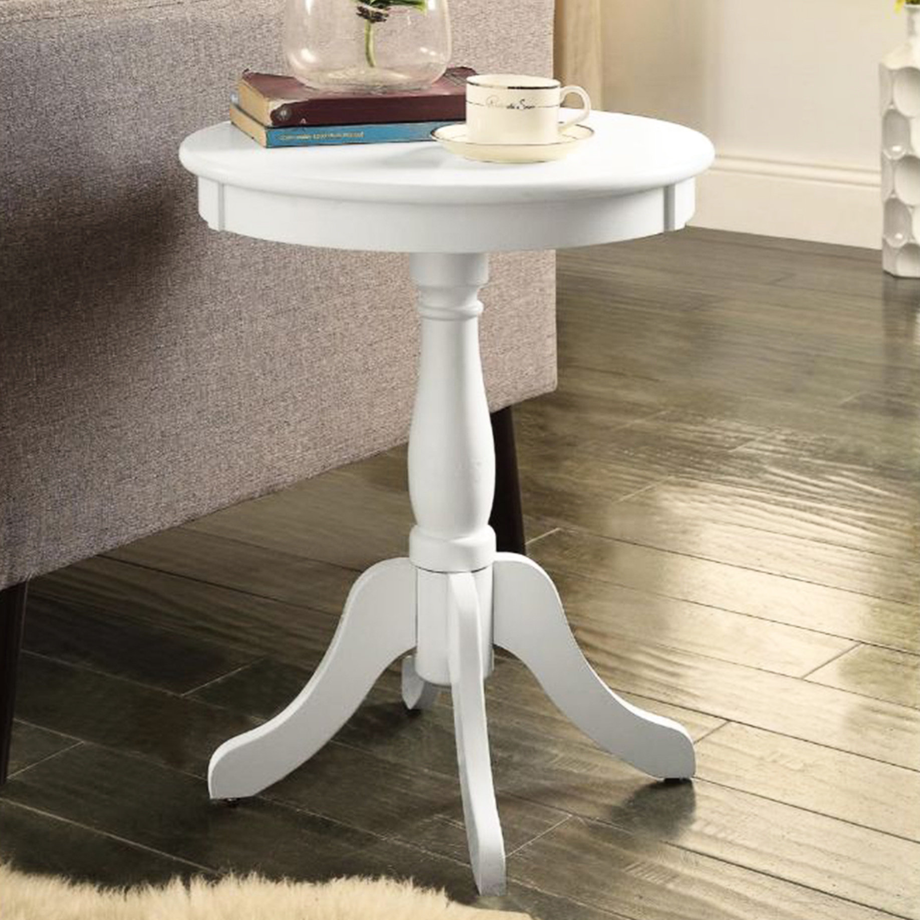 Charlton Home® Round Pedestal Accent Table, White, Cottage - Inspired ...