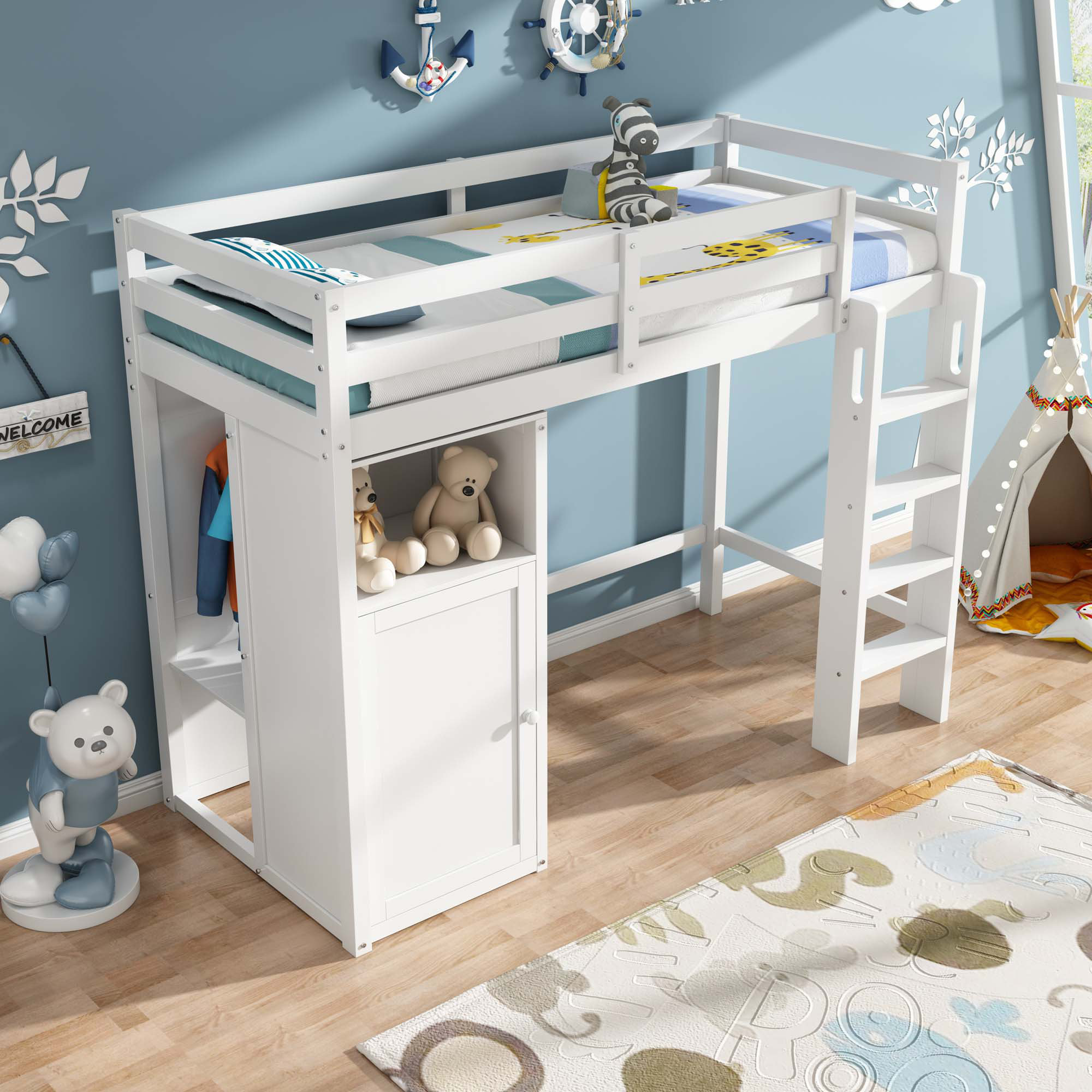 Latitude Run® Loft Bed With Wardrobe, Storage Shelves And Ladder | Wayfair
