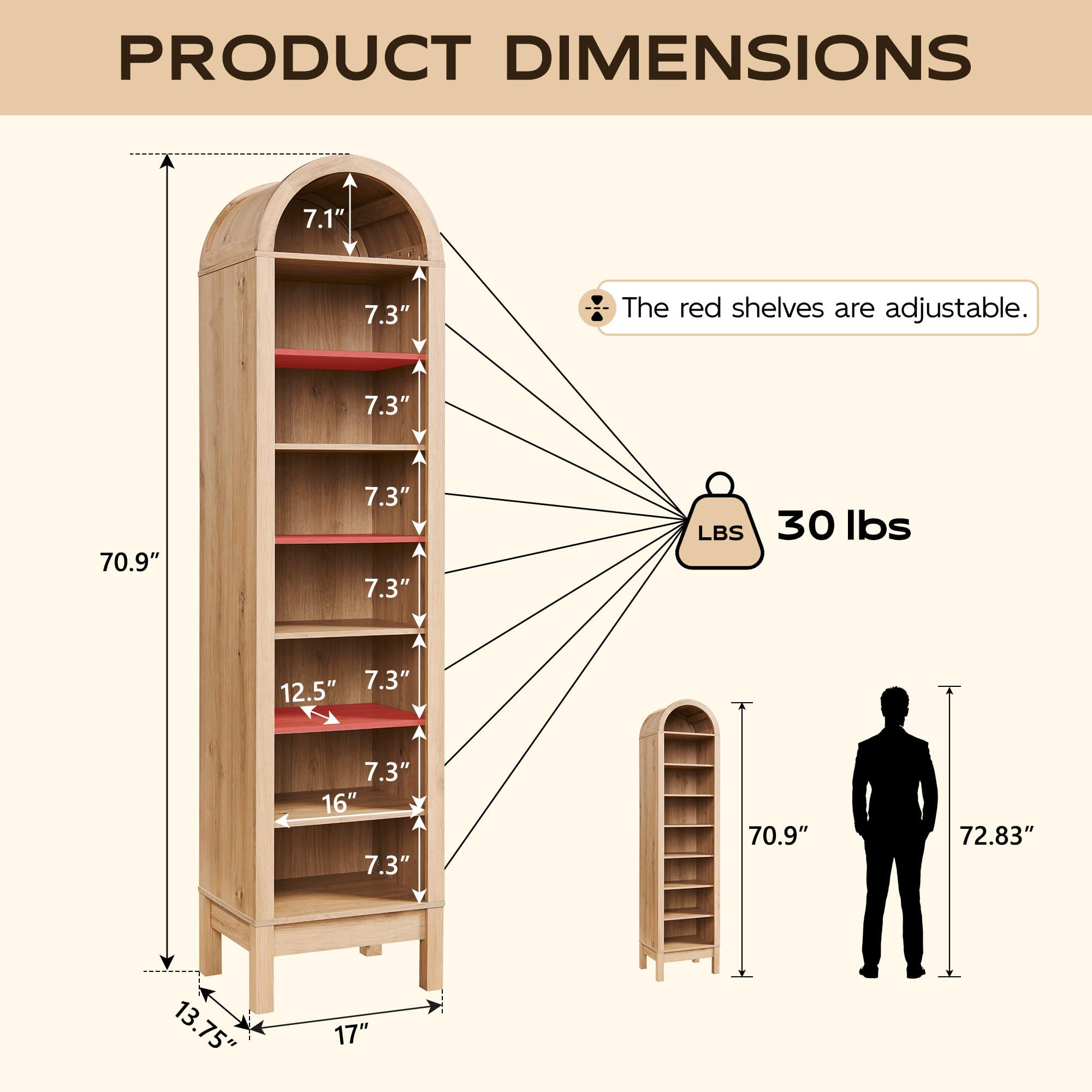 Latitude Run® 71" Tall Arched Bookshelf, 8 Tiers Arch Bookcase with ...