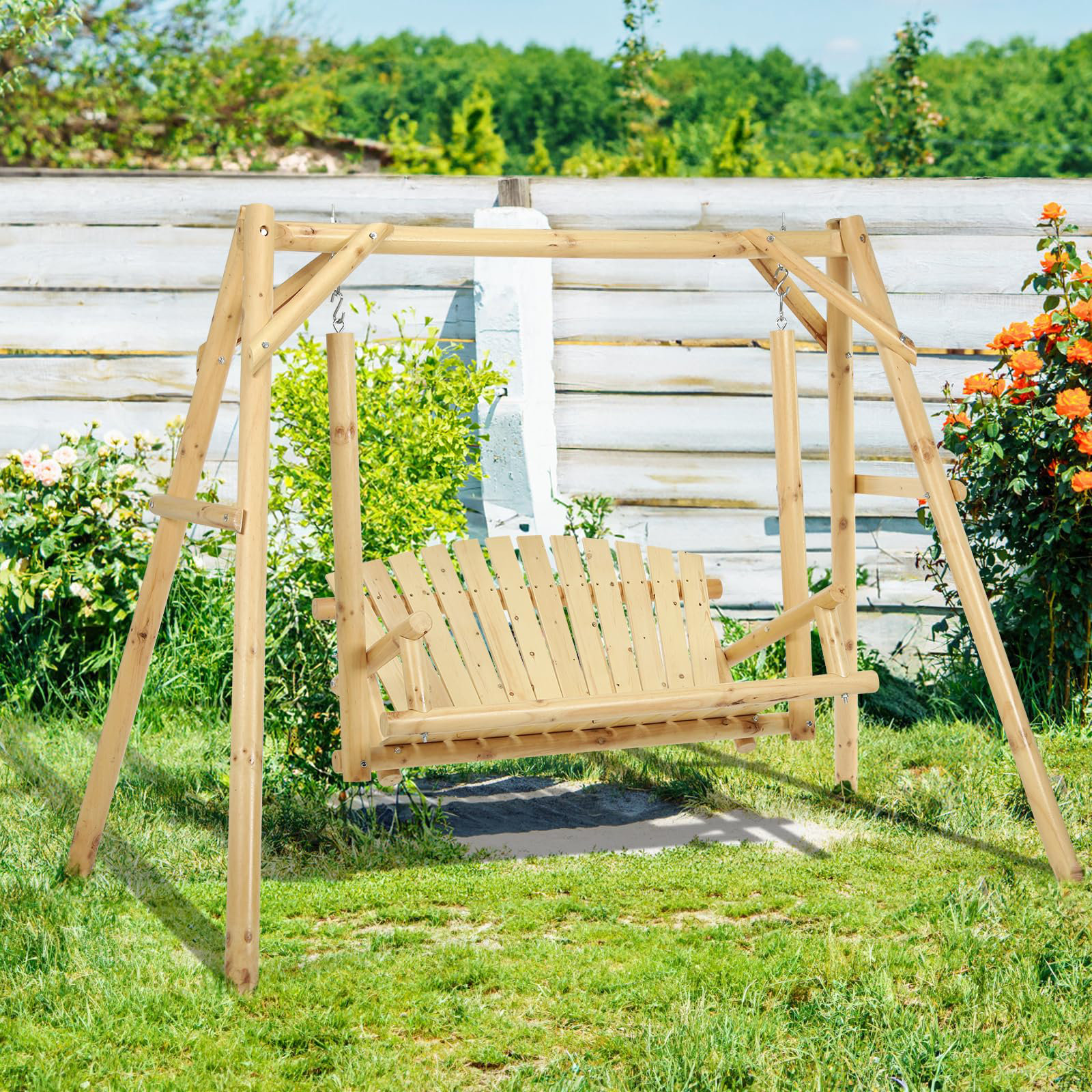 Millwood Pines Wooden 2-Seat Porch Swing With A-Frame Stand, Outdoor ...
