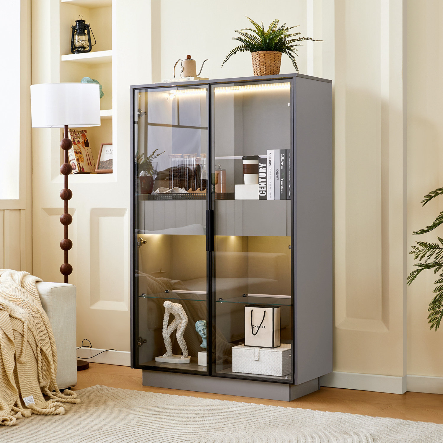 Ivy Bronx Tall Cabinet with Tempered Glass Door, LED Lighting and Two ...