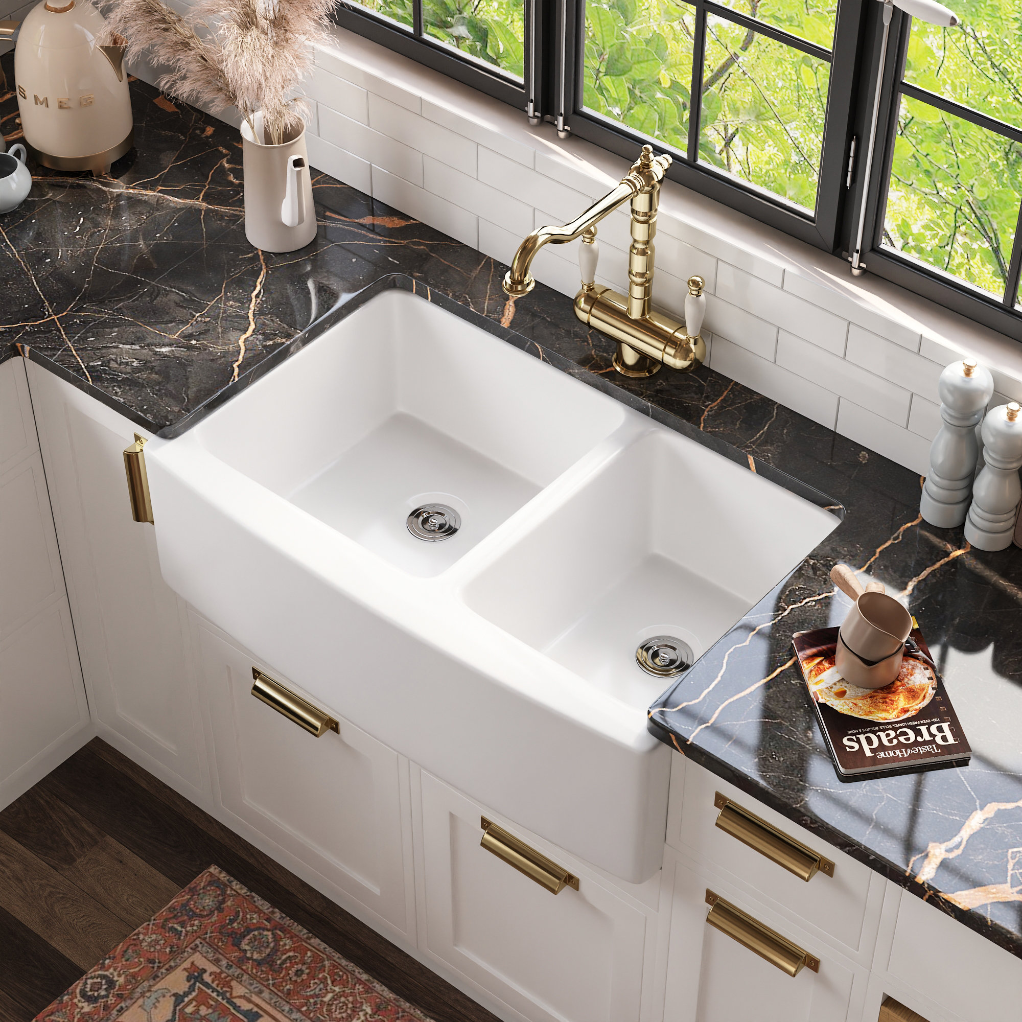 DeerValley Eclipse 33" X 21” Double Bowl 60/40 Ceramic Farmhouse ...