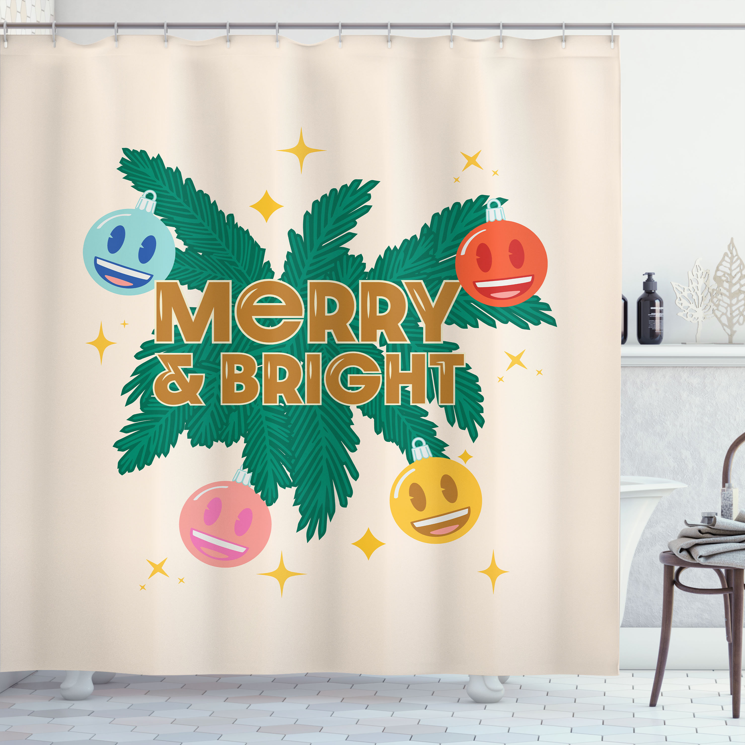 Ambesonne Christmas Emoji Shower Curtain Xmas Party Faces Eggshell Jade ...