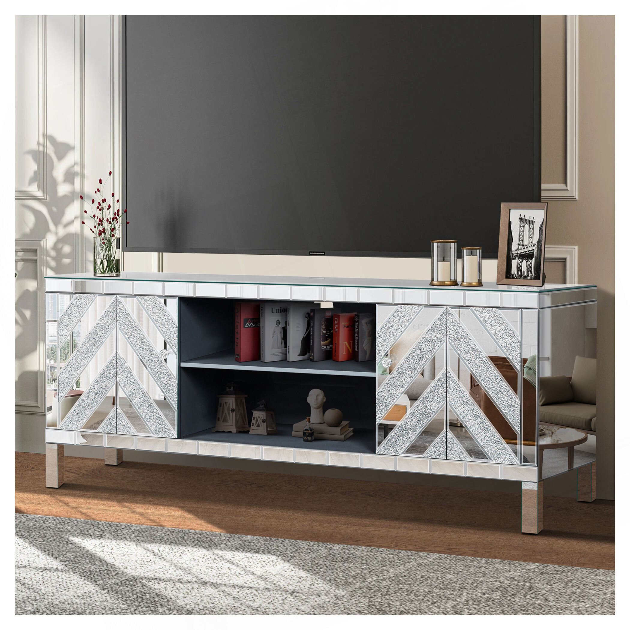 Mercer41 Mirrored TV Stand for TV,Sliver TV Console Table with Open ...