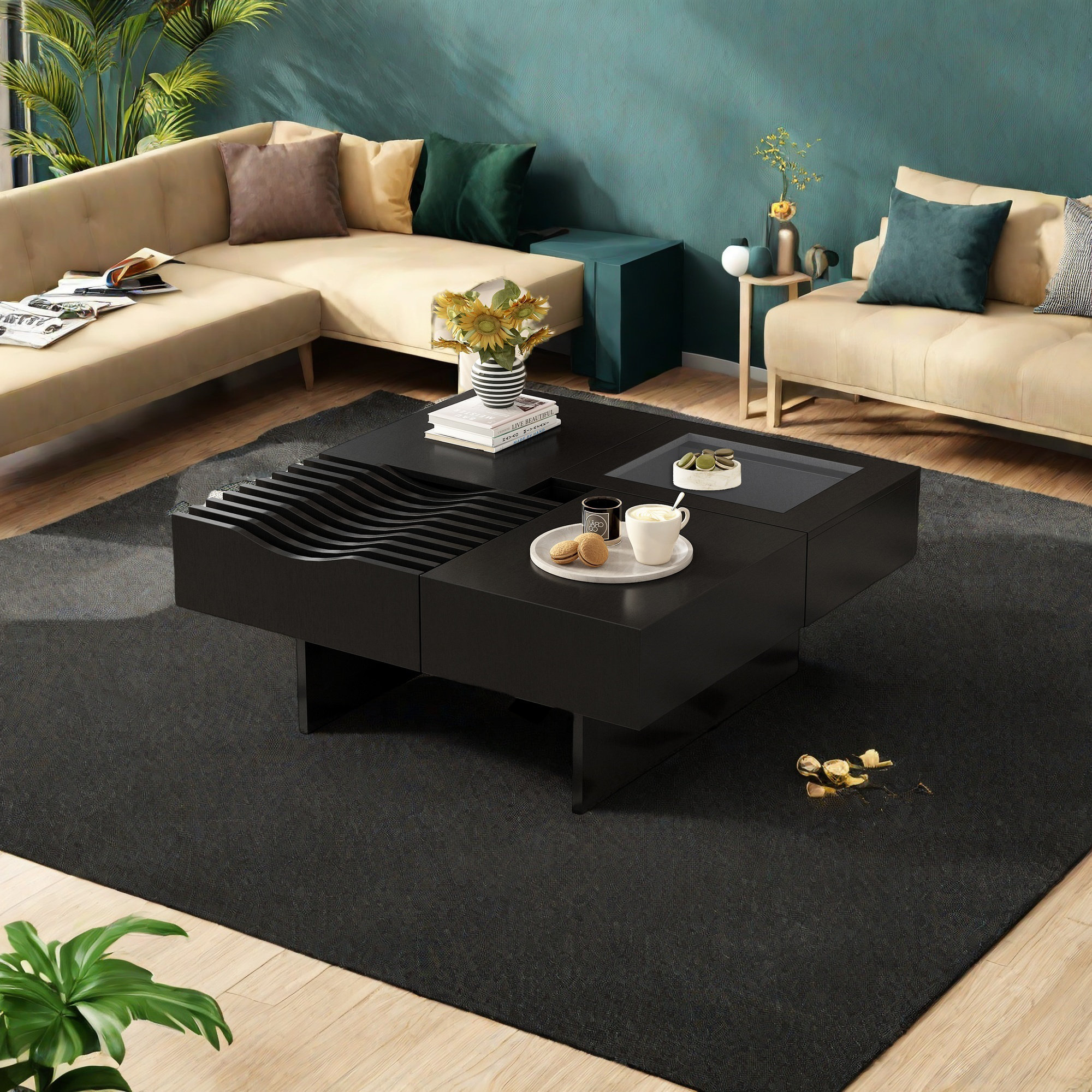 Gracie Oaks Multifunctional Square Coffee Table With Wave Design, 33 ...