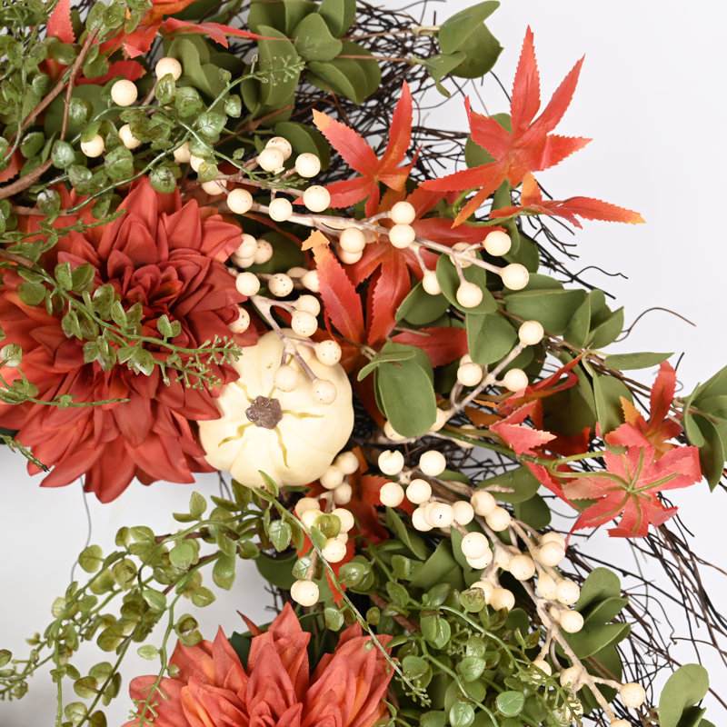 Primrue 24" Farmhouse Thanksgiving Pumpkin Maple Fall Autumn Wreath for ...