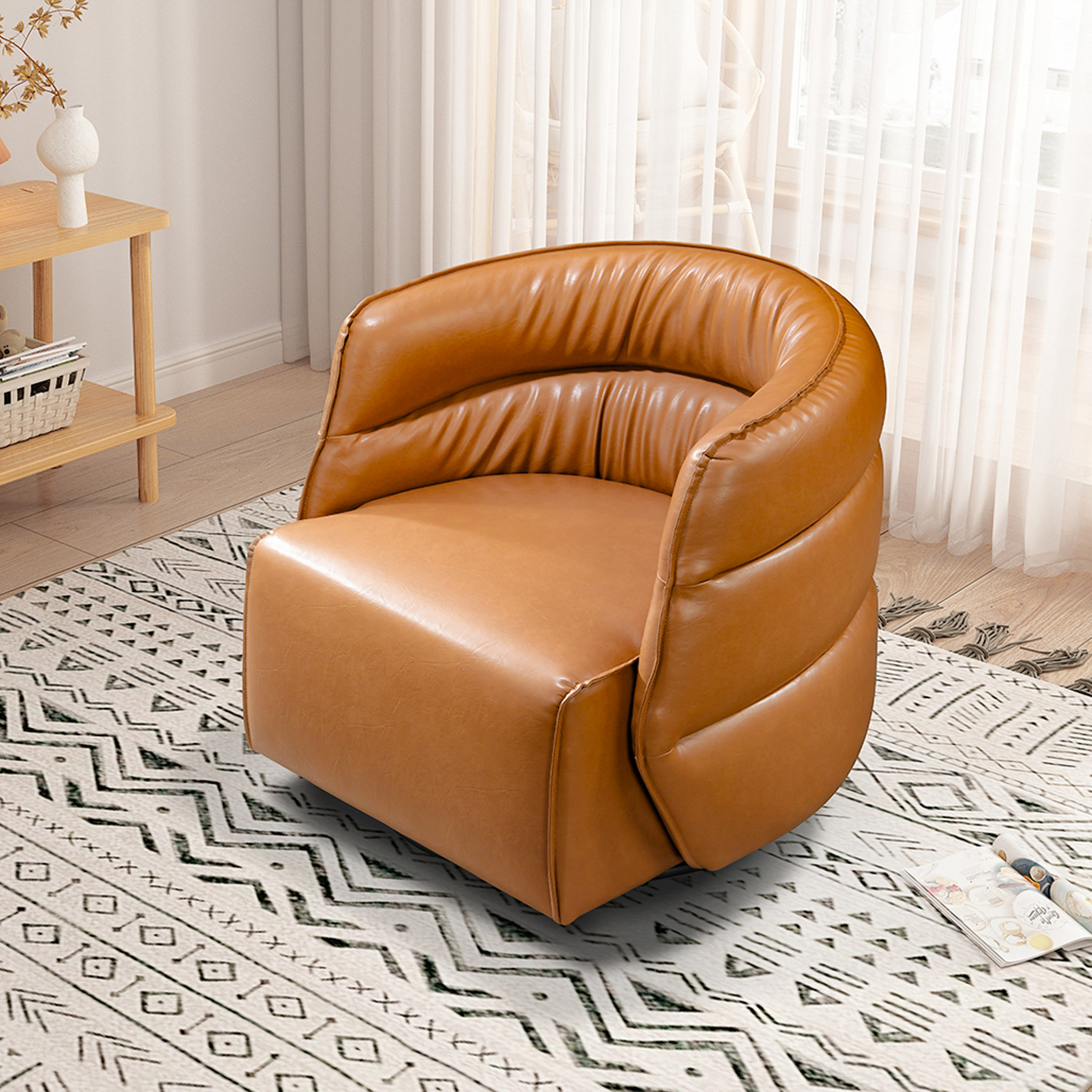 Latitude Run® Ambrosina Mid-Century Modern Leather Swivel Barrel Chair | Wayfair
