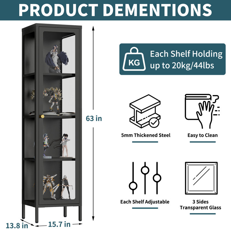 Ebern Designs 63"H 3-Sided Glass Display Cabinet With Adjustable Shelf ...