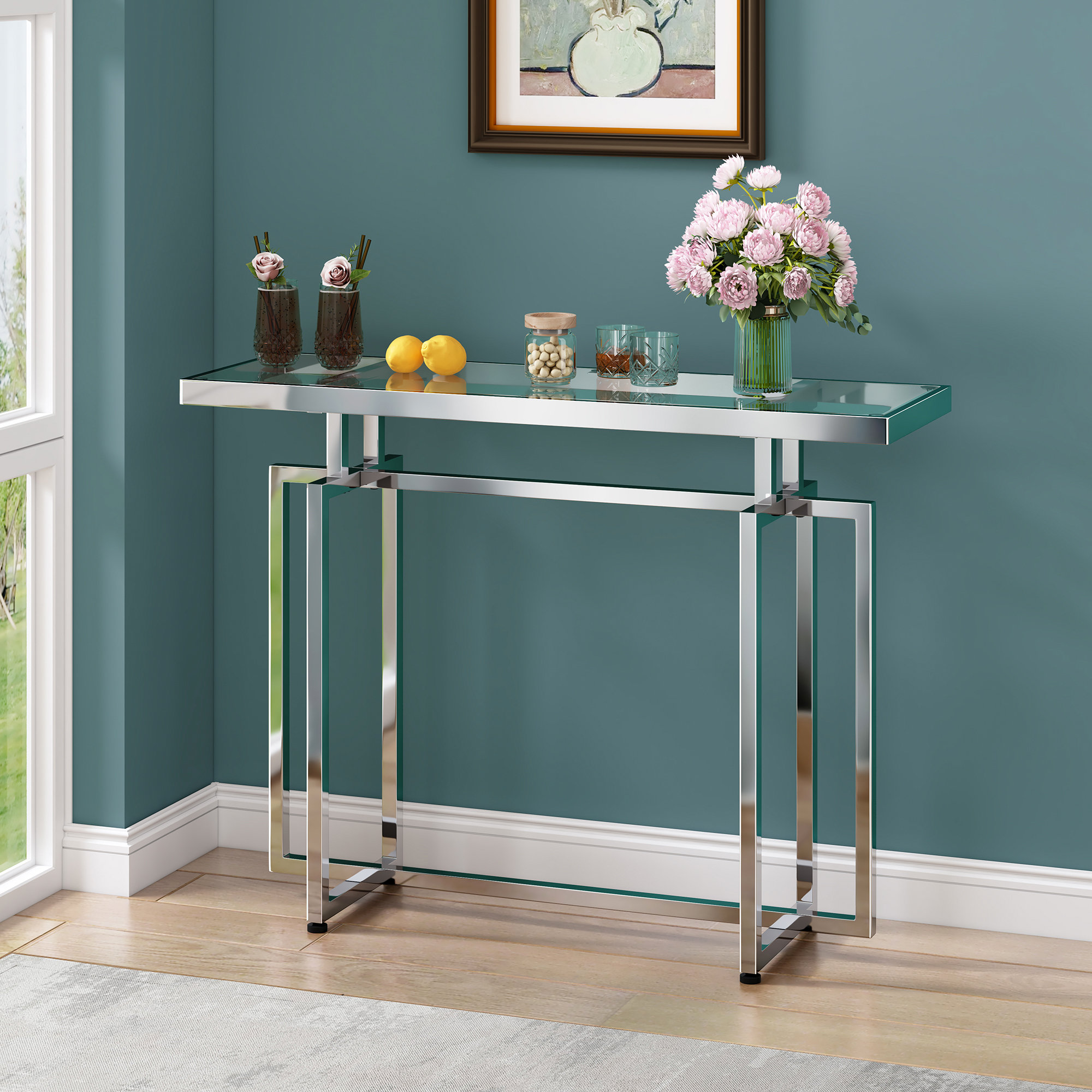 Wrought Studio™ Narrow Sofa Console Table Foyer Table with Glass Top ...