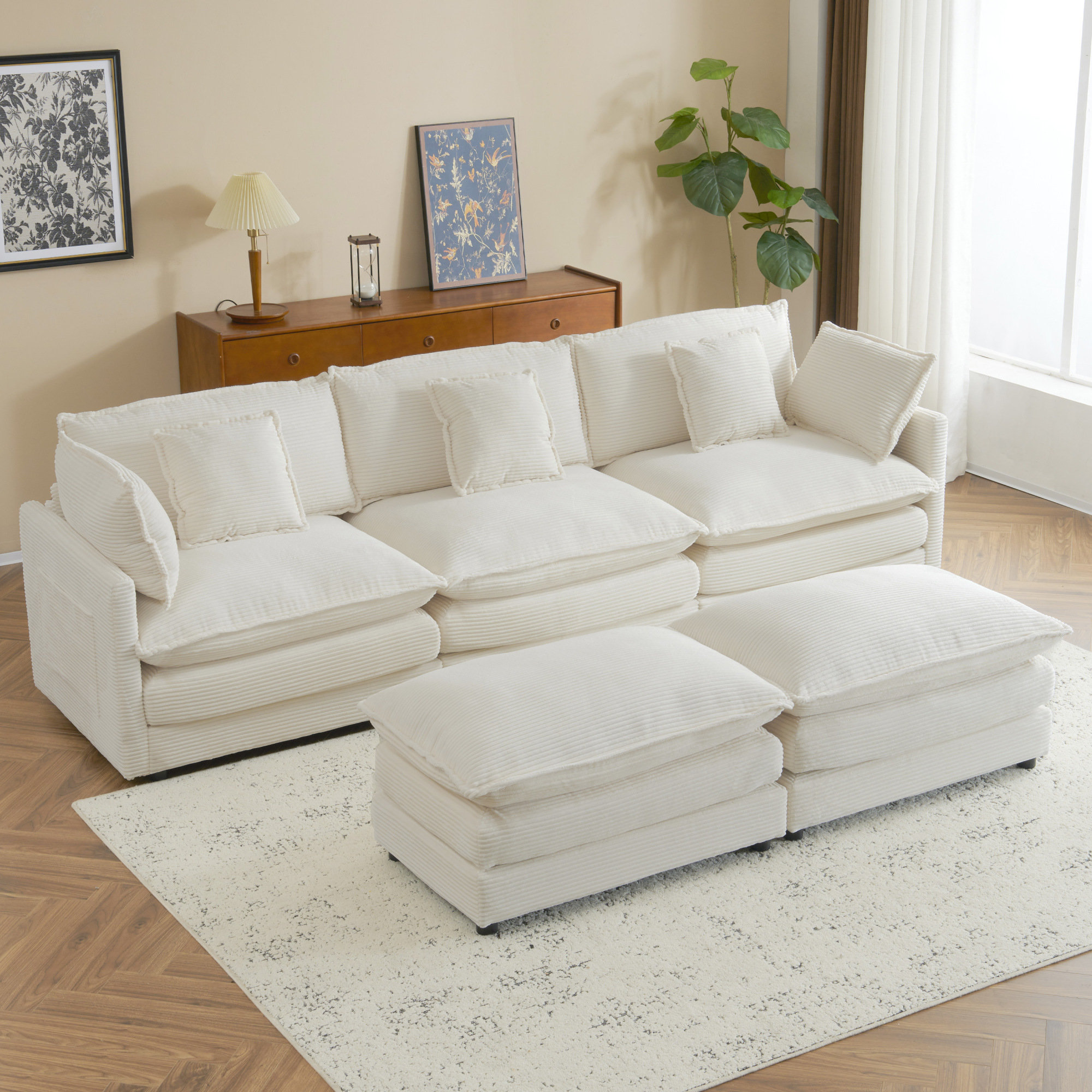 Latitude Run® Corduroy Modular Sofa with Ottoman Side Storage Pockets ...