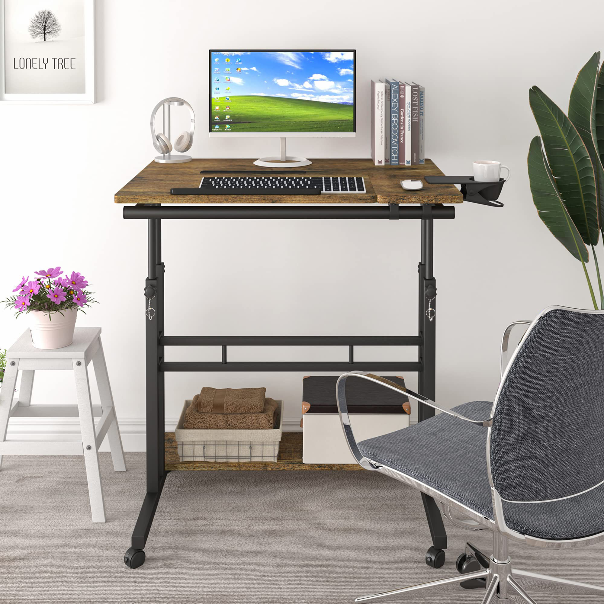 Inbox Zero Mobile Standing Desk With Adjustable Height & Desktops ...