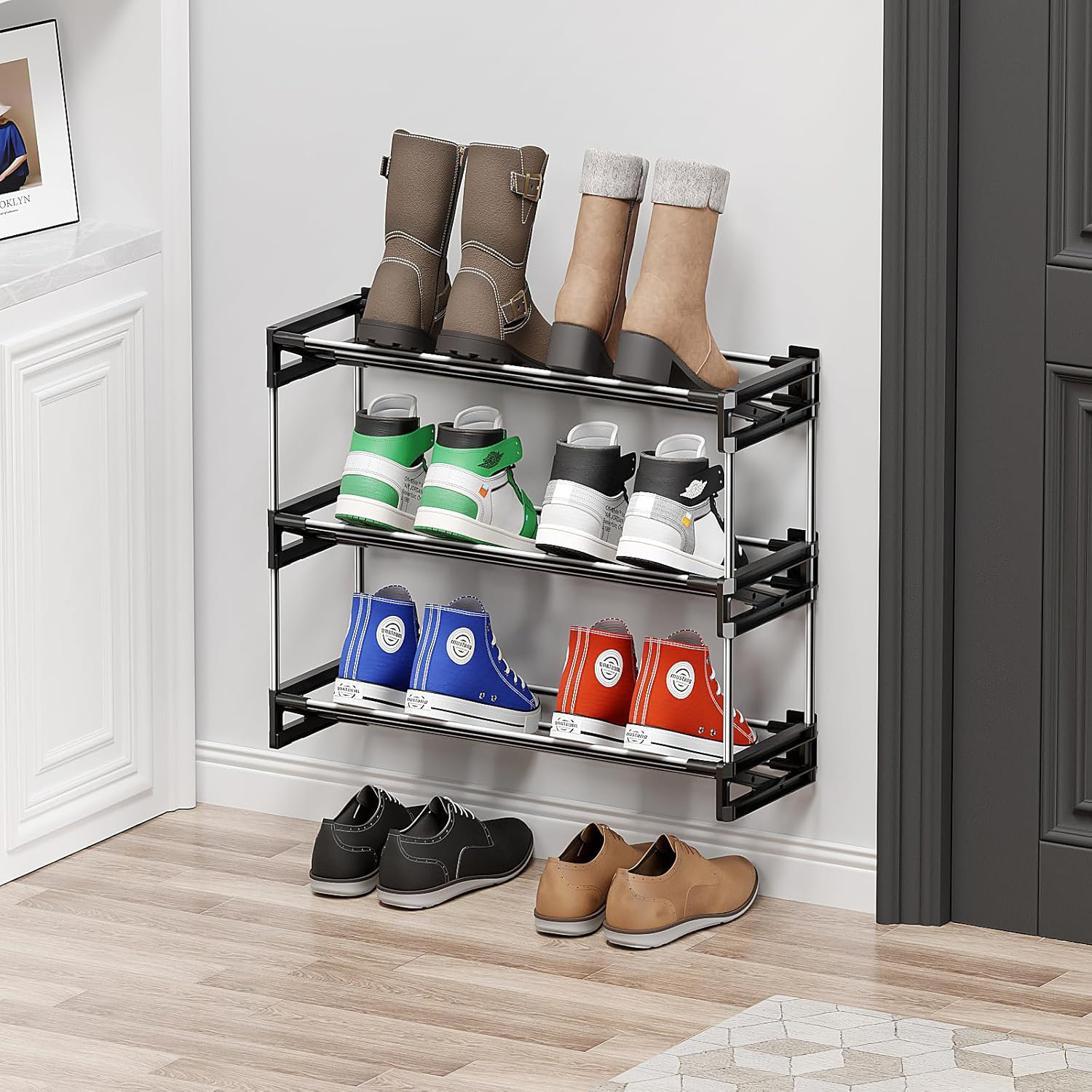 Rebrilliant Shoe Rack For Closet, 3 Tier Narrow Shoe Rack With Hook And ...