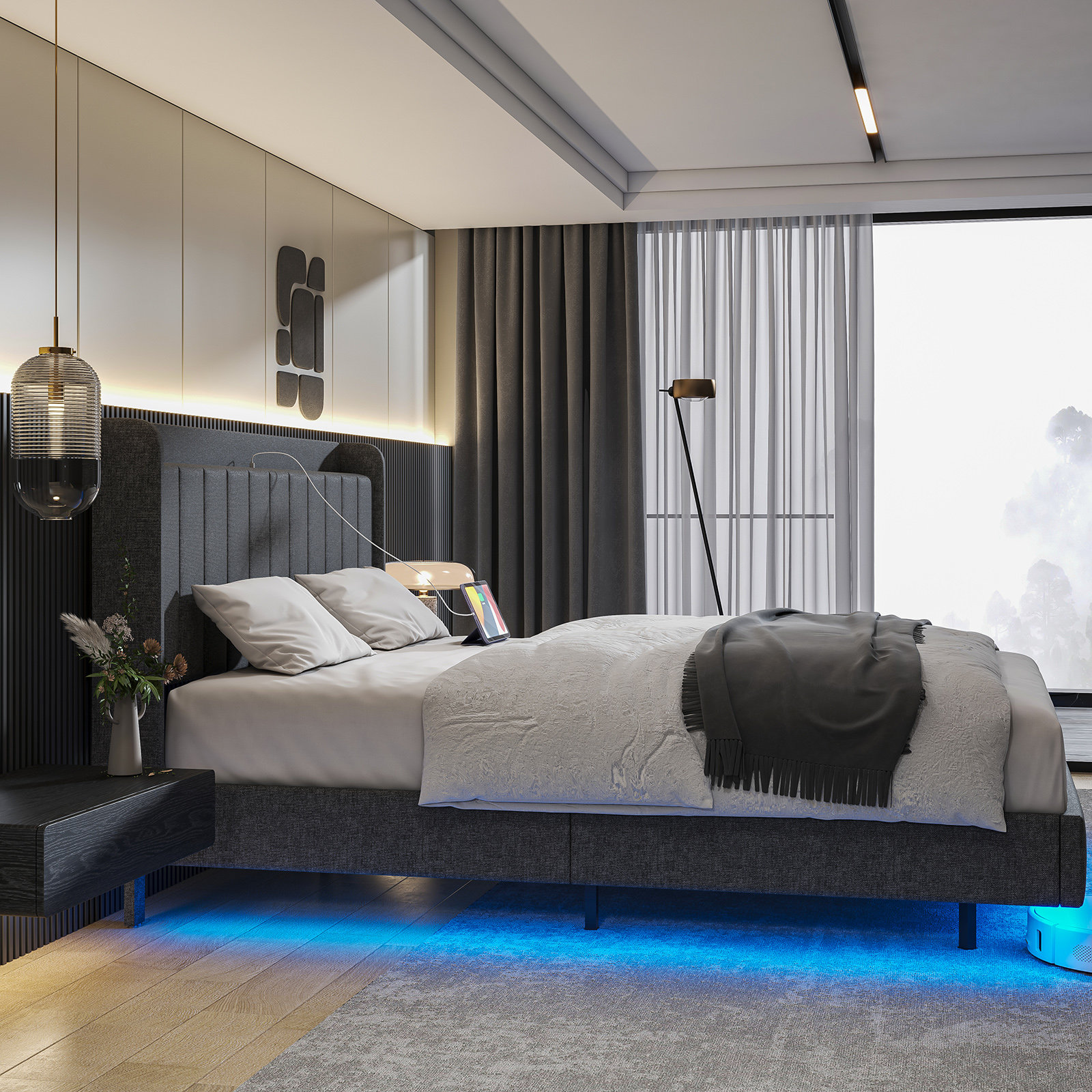 Ivy Bronx LED Upholstered Bed Frame Floating Bed Frame With Wingback ...