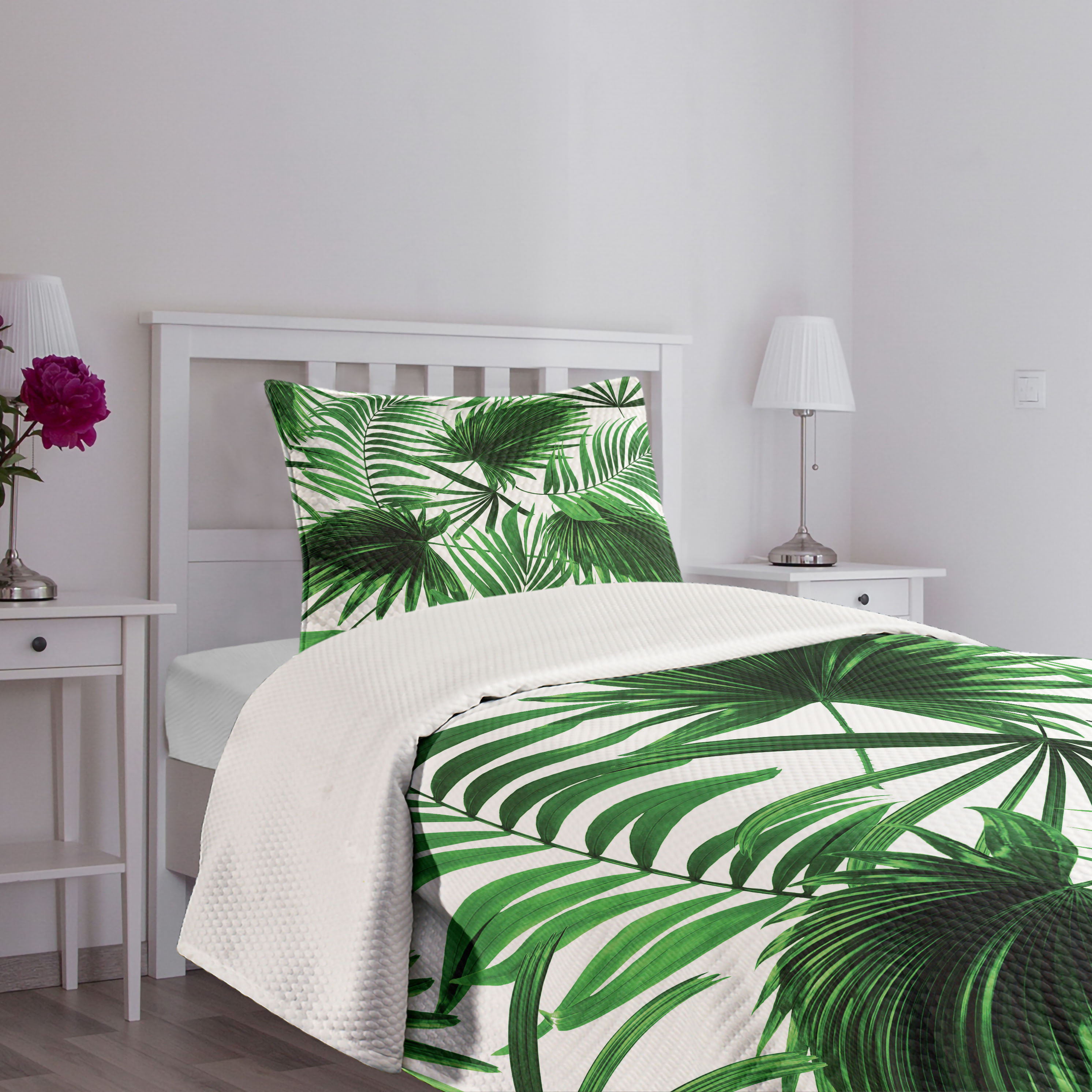 Ambesonne Palm Leaf Bedspread Set Vivid Leaves Growth Fern Green White ...