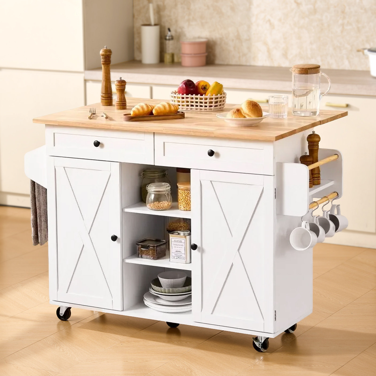 Gracie Oaks 52in Kitchen Island Cart Rolling Storage Cabinet Table with ...