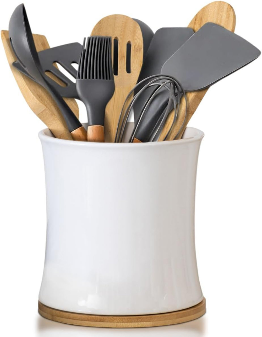 Gracie Oaks Large Ceramic Kitchen Utensil Holder With Bamboo Base ...